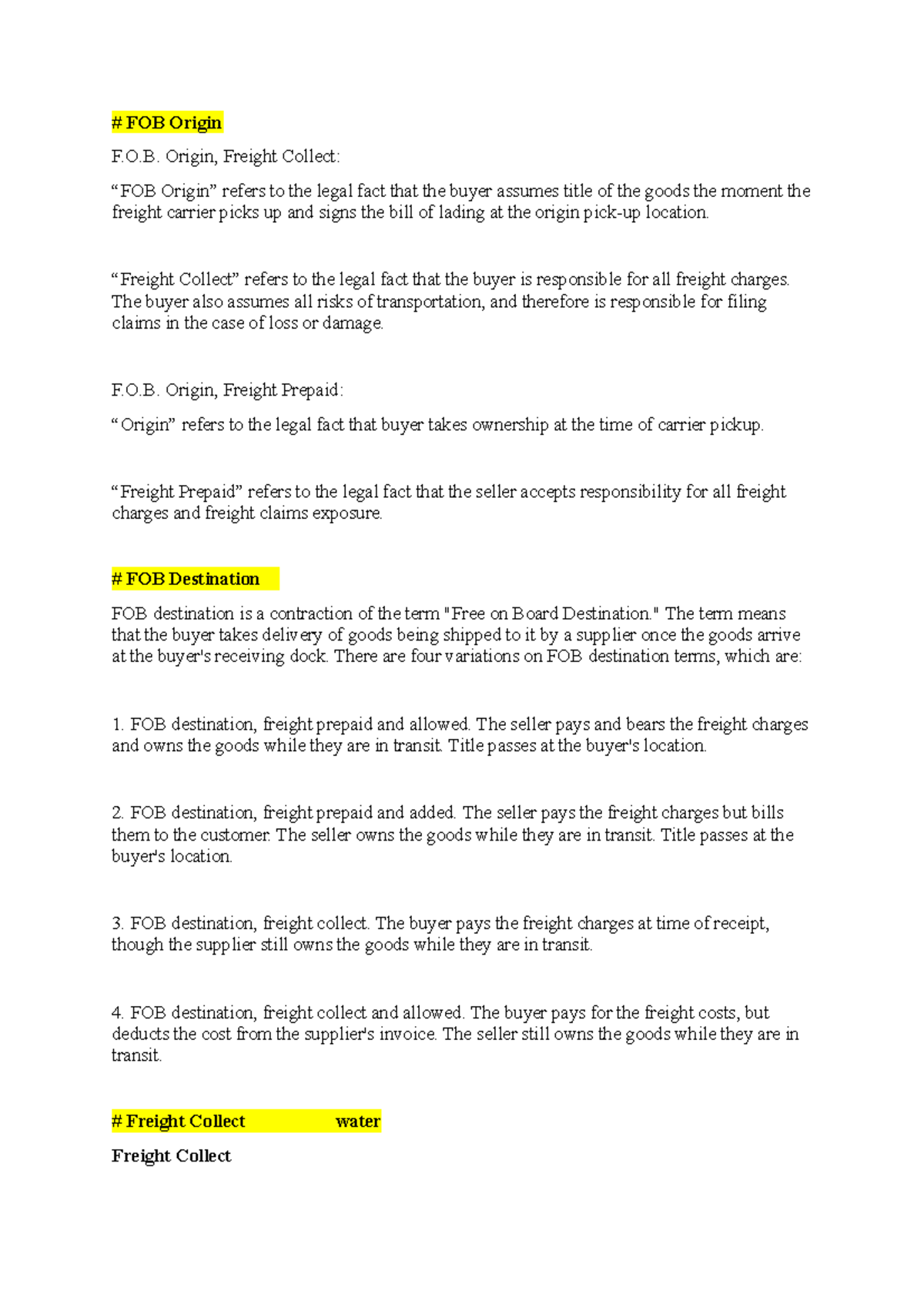 Test preparation - # FOB Origin F.O. Origin, Freight Collect: “FOB ...