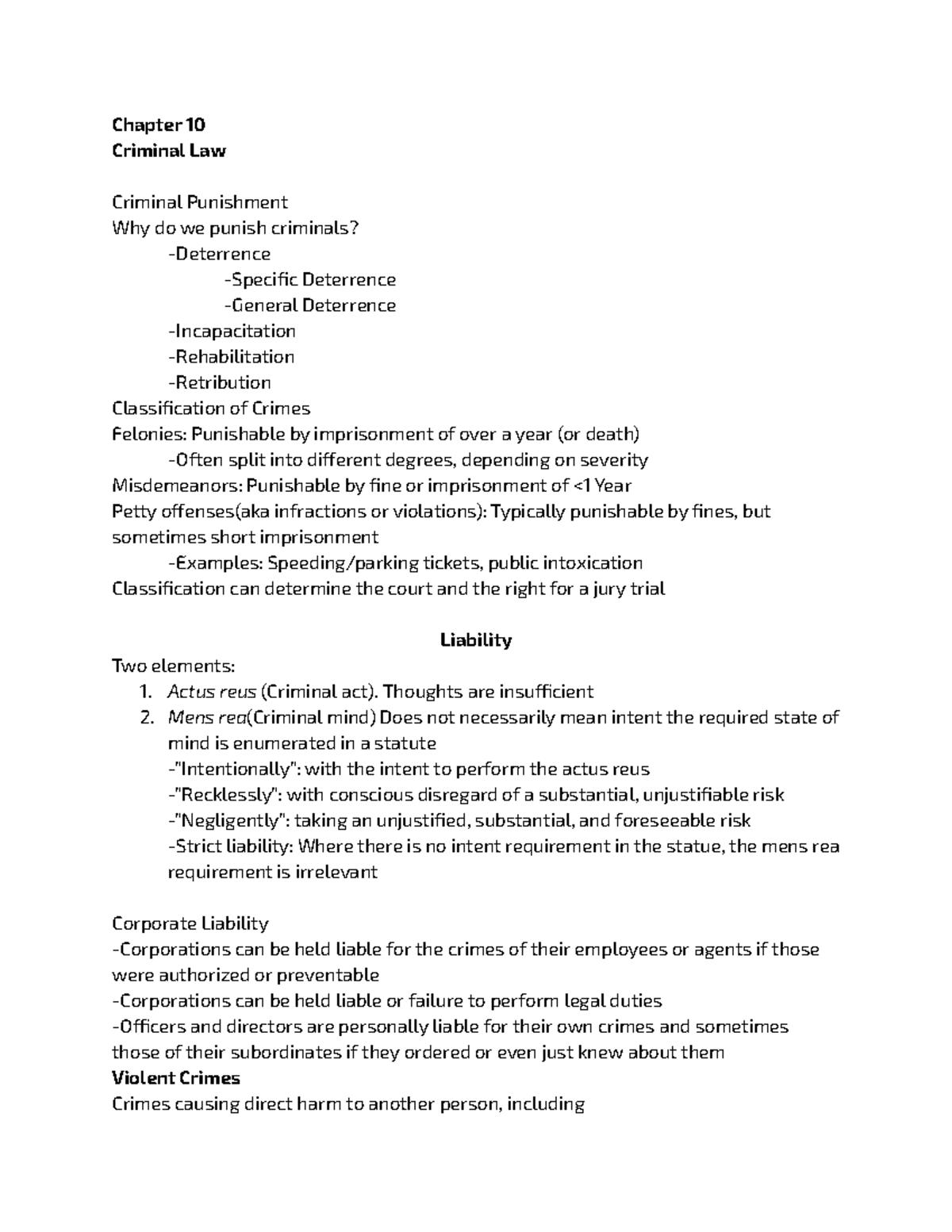 Chapter 10 Notes - Chapter 10 Criminal Law Criminal Punishment Why do ...