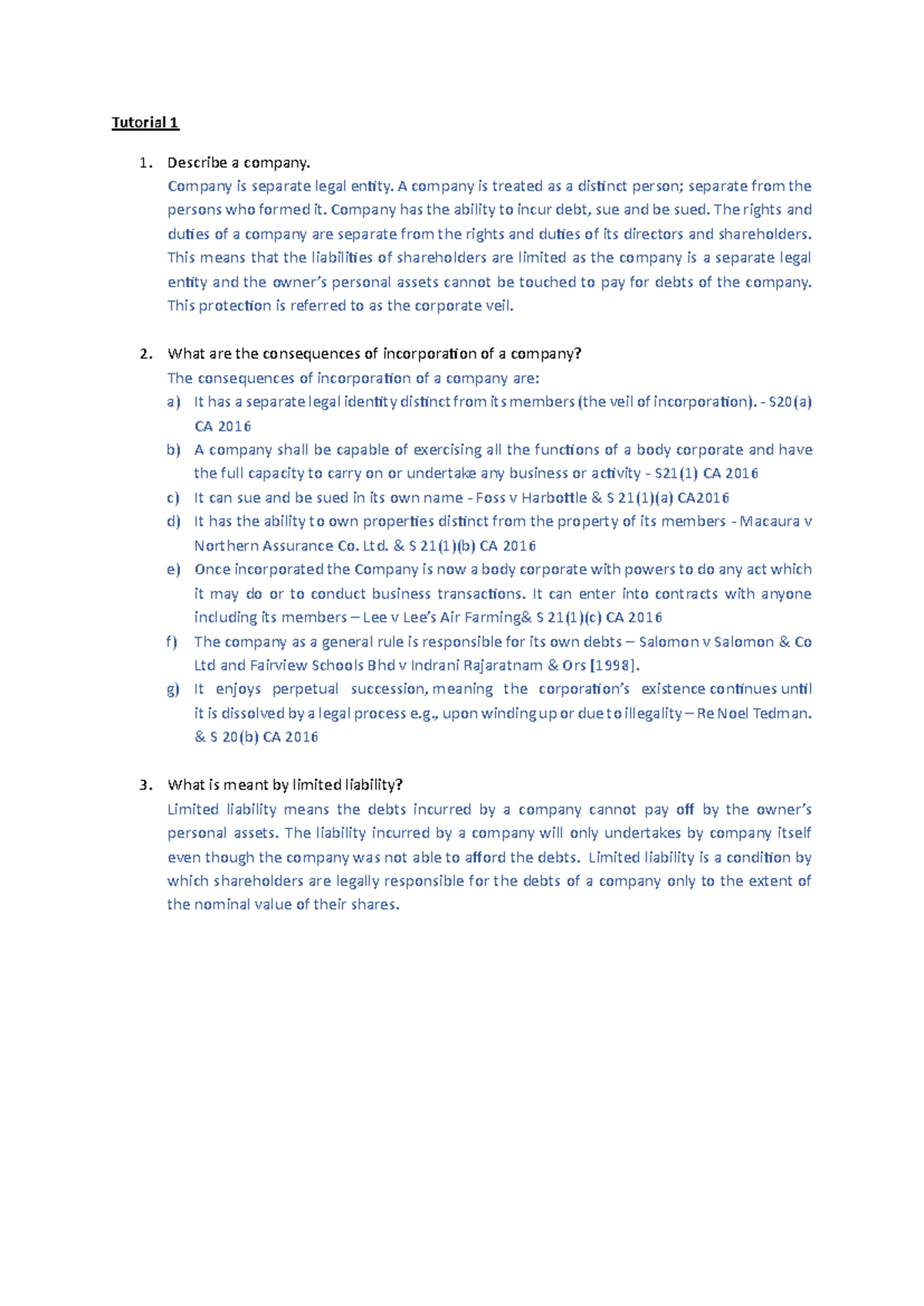 Tutorial 1 question 1 - Tutorial 1 1. Describe a company. Company is ...