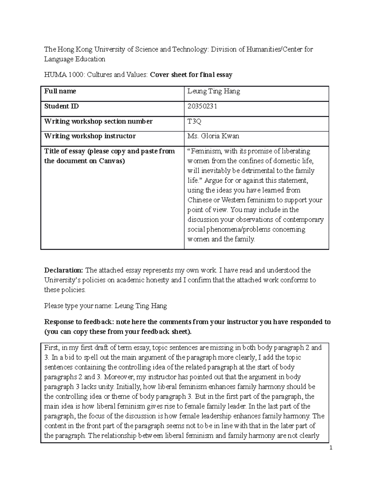 Cover Sheet for Final Essay - The Hong Kong University of Science and ...