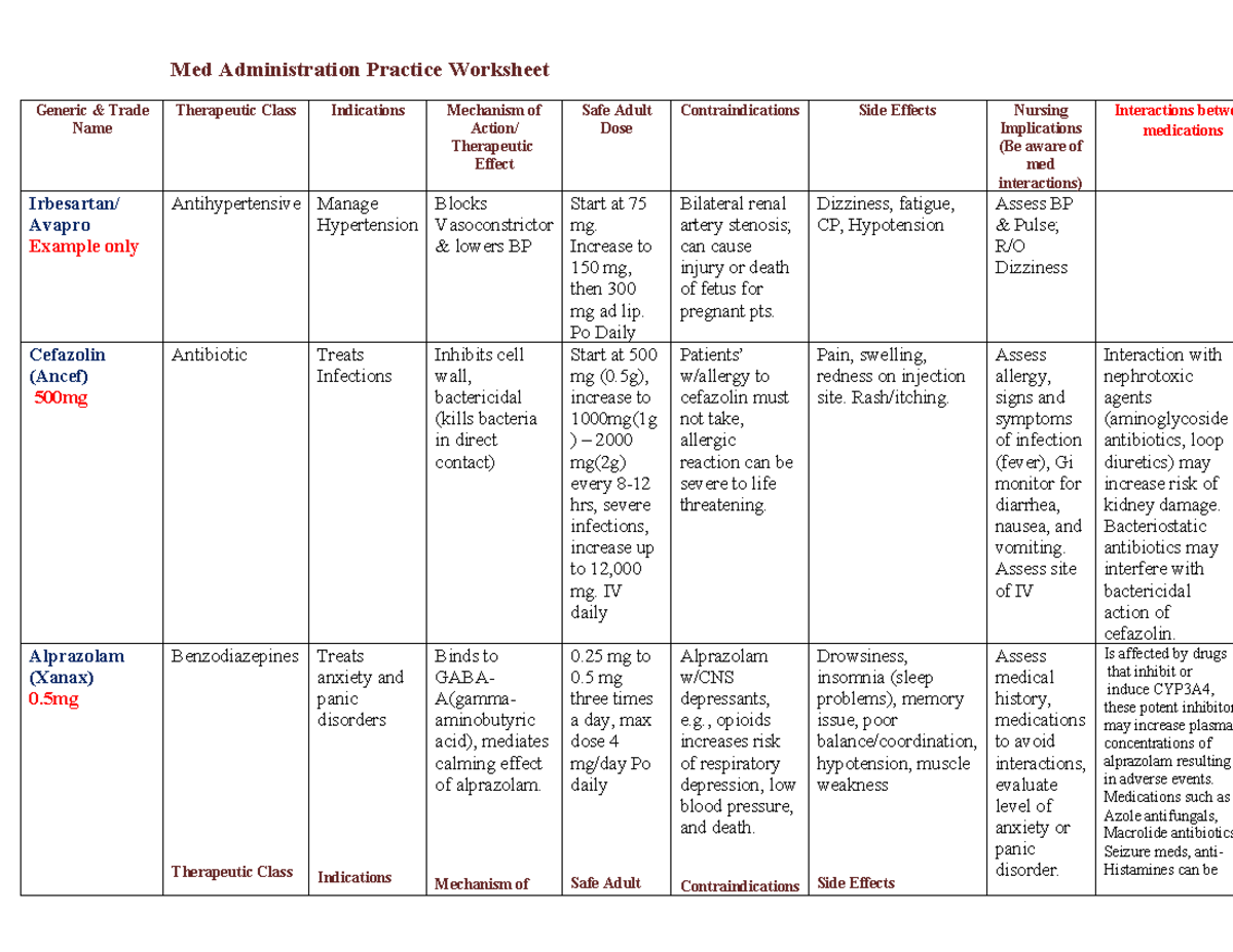 Medication Worksheet Spring 23 - Med Administration Practice Worksheet ...