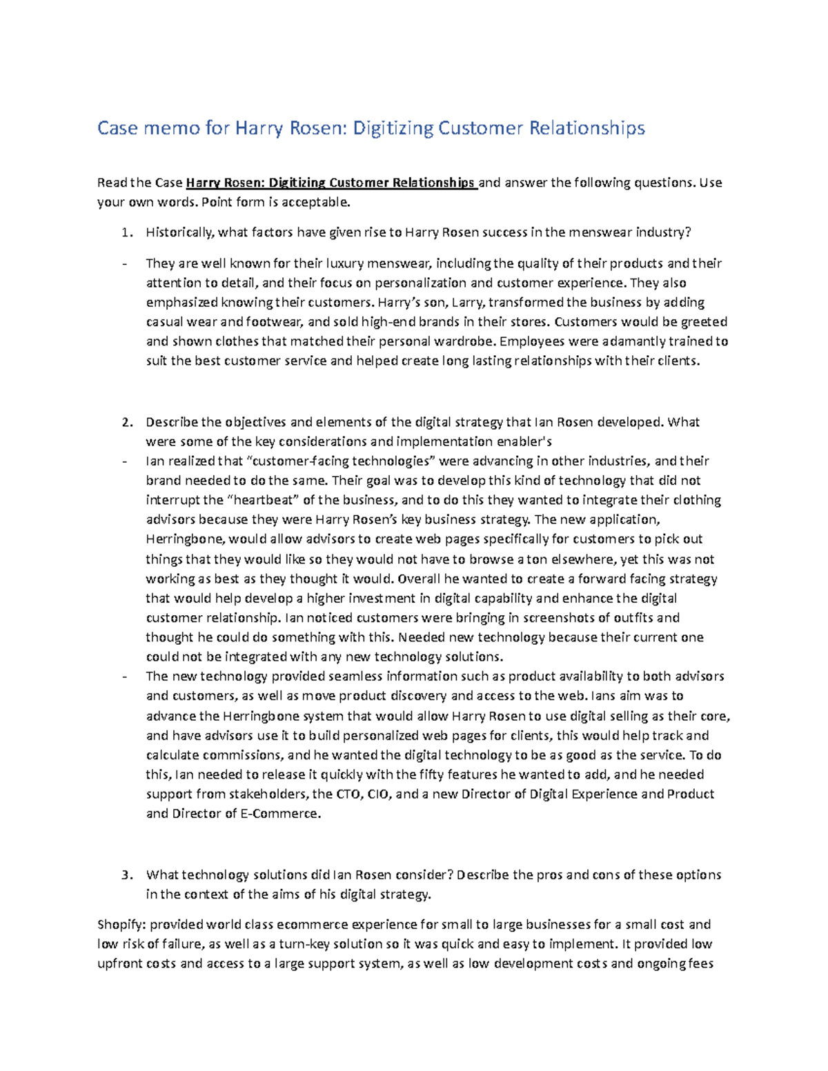 MIS 322 Case Memo - We had to read a case from the Harvard Coursepack ...