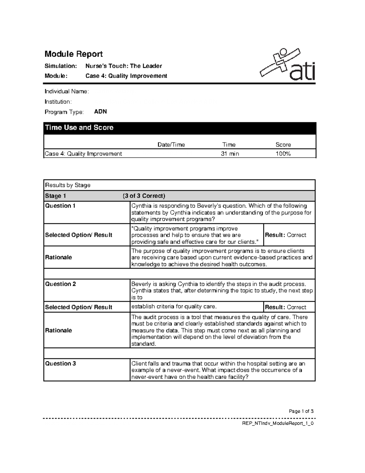 Nurse's Touch: The Leader Case 4 Quality improvement - Individual Name ...