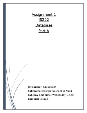 IS222 Assignment - IS Assignment: 1 Name: Neha Naidu ID: S Lab day: Tuesday Time: 1 - 3pm Campus ...