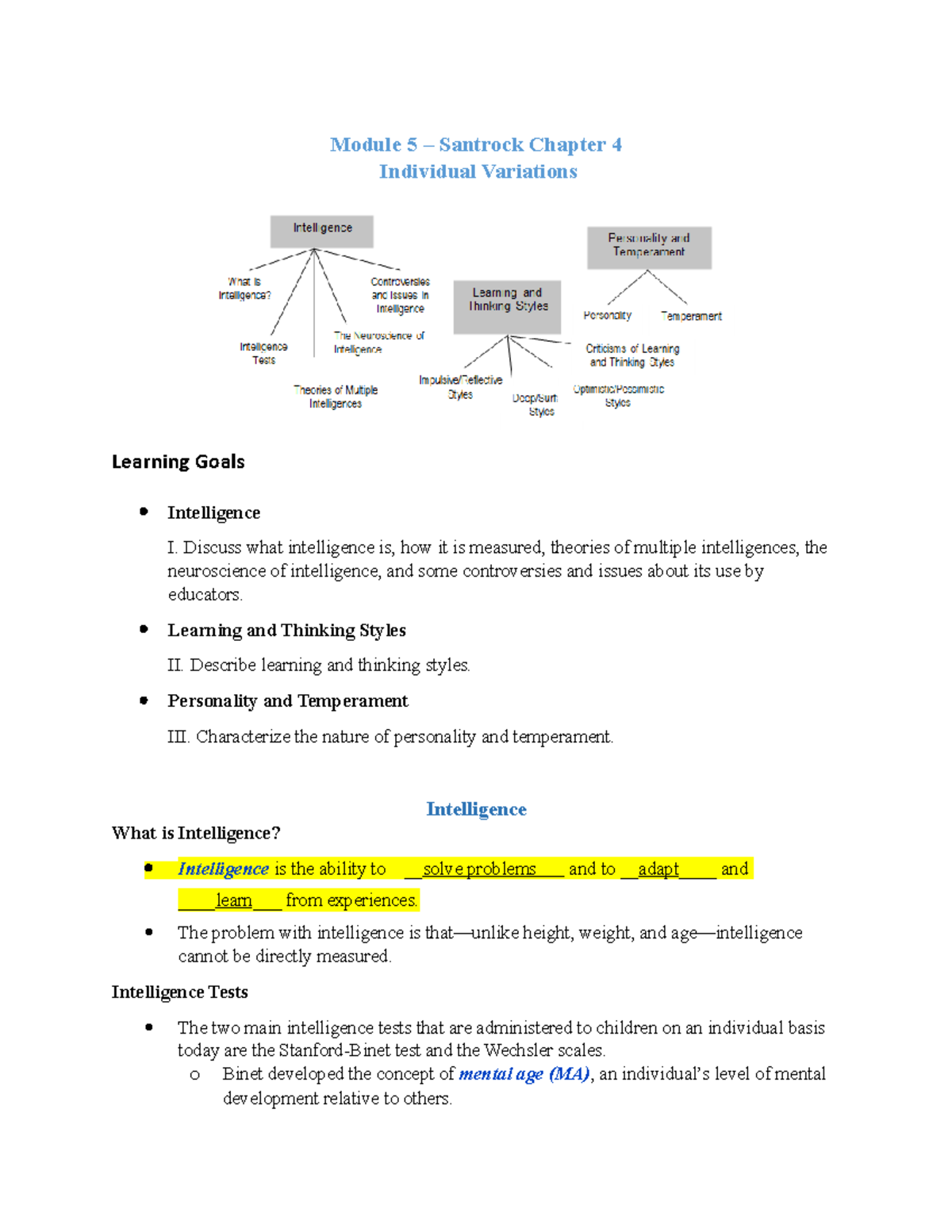 Intelligence Learning Styles 1 - Module 5 – Santrock Chapter 4 Individual Variations Learning ...