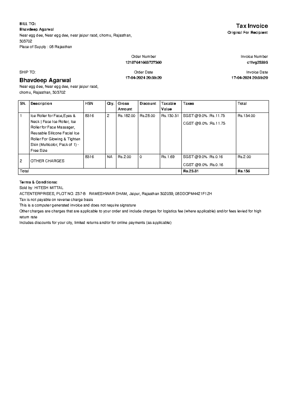 Ms invoice 12187641663727360 1 - BILL TO: Bhavdeep Agarwal Near egg dee ...