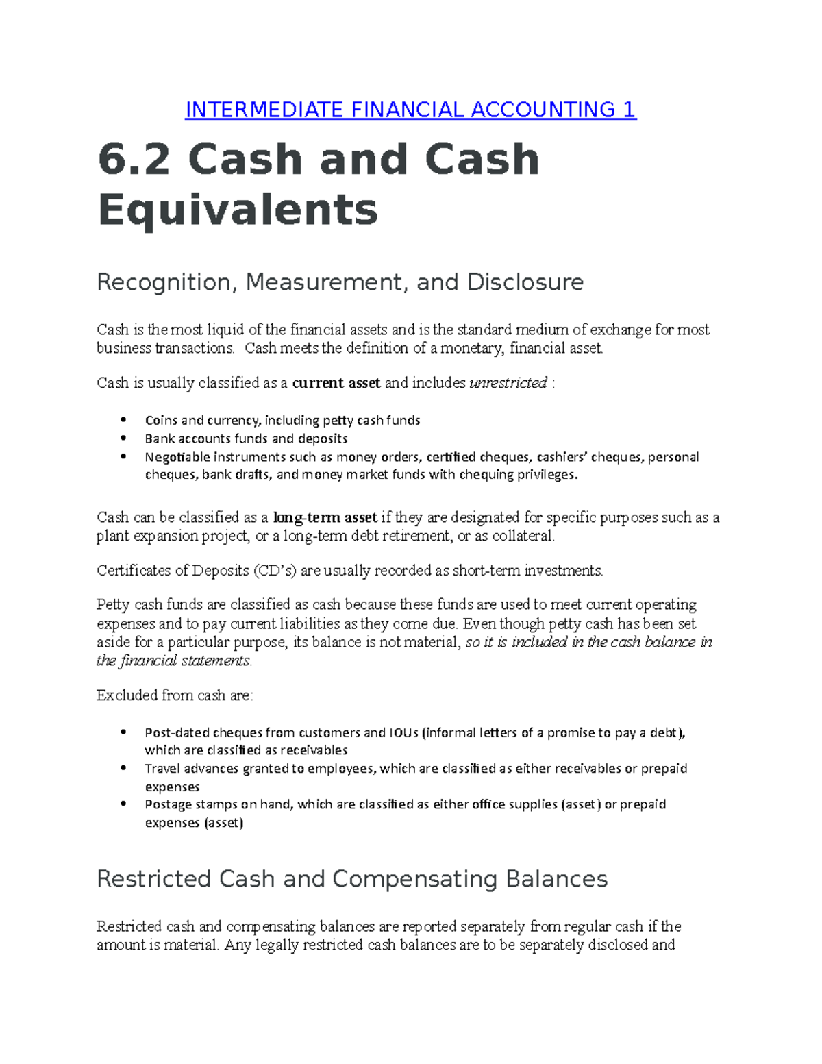 Cash intermediate - Financial accounting 1 - AAU - Studocu