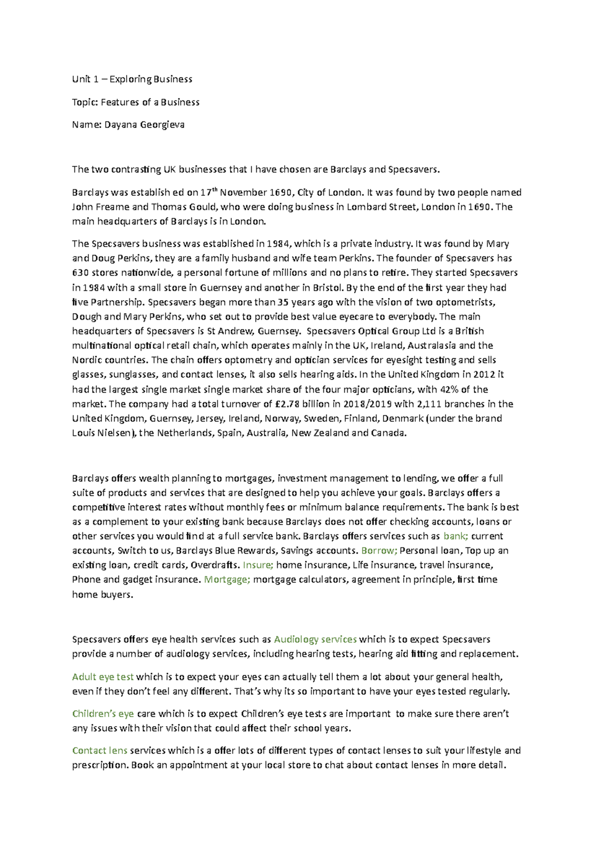 Unit 1 Exploring Business Features Of A Business Dayana G Unit 1 Exploring Business