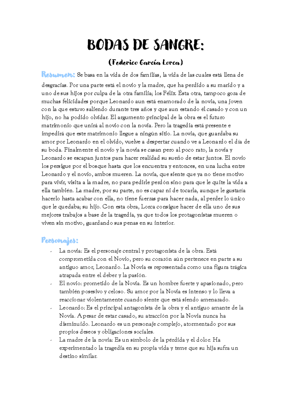 Bodas DE Sangre - BODAS DE SANGRE: (Federico García Lorca) Resumen: Se ...