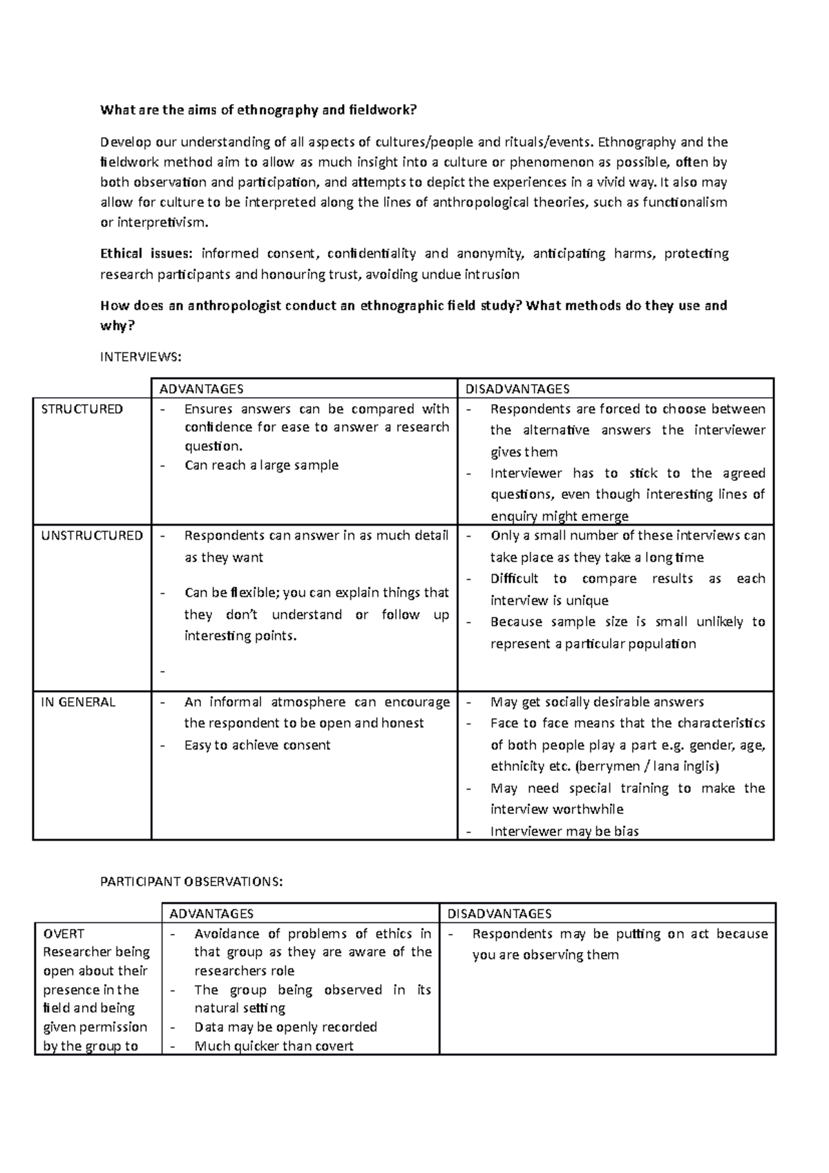 Unit 4 - notes - What are the aims of ethnography and fieldwork ...