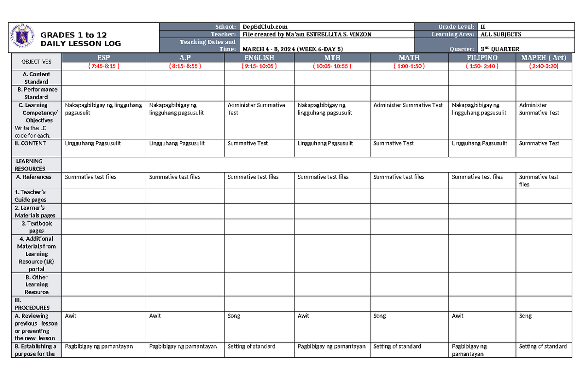 DLL ALL Subjects 2 Q3 W6 D5 - GRADES 1 to 12 DAILY LESSON LOG School ...