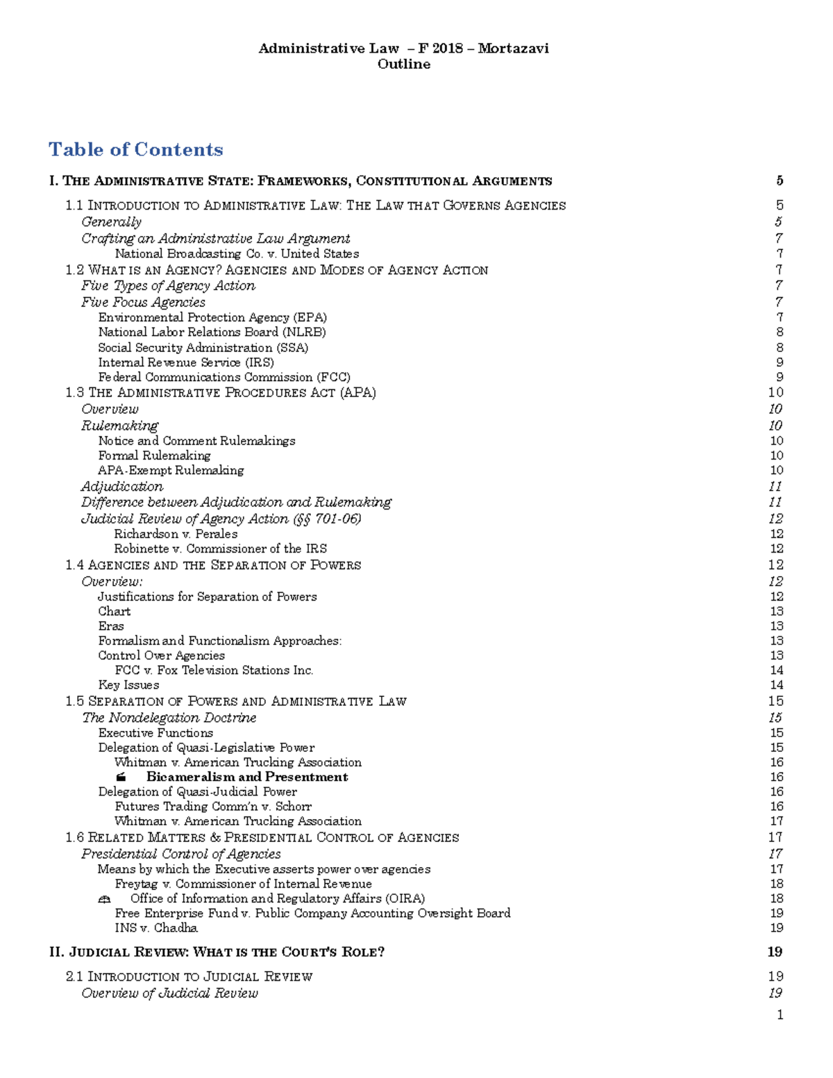 Admin - Outline - Outline I. THE ADMINISTRATIVE STATE: FRAMEWORKS ...