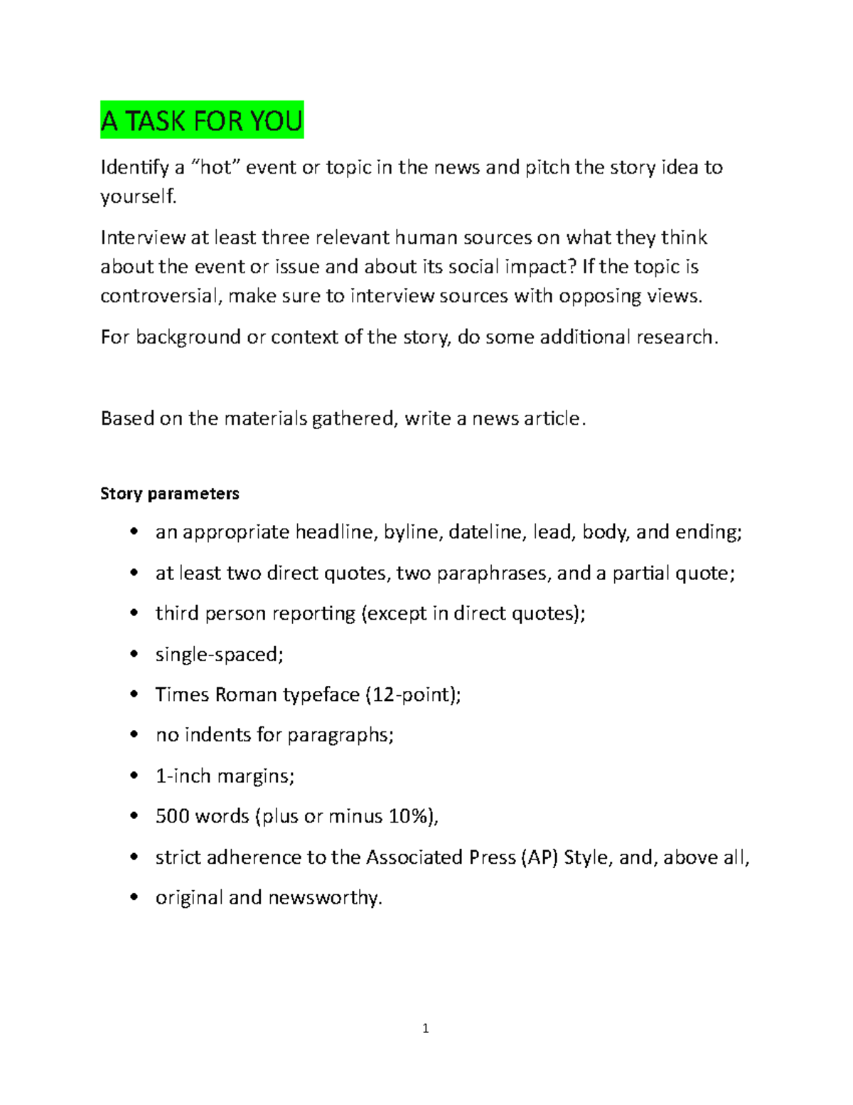 Full-lenght news article draft - with parameters - A TASK FOR YOU ...