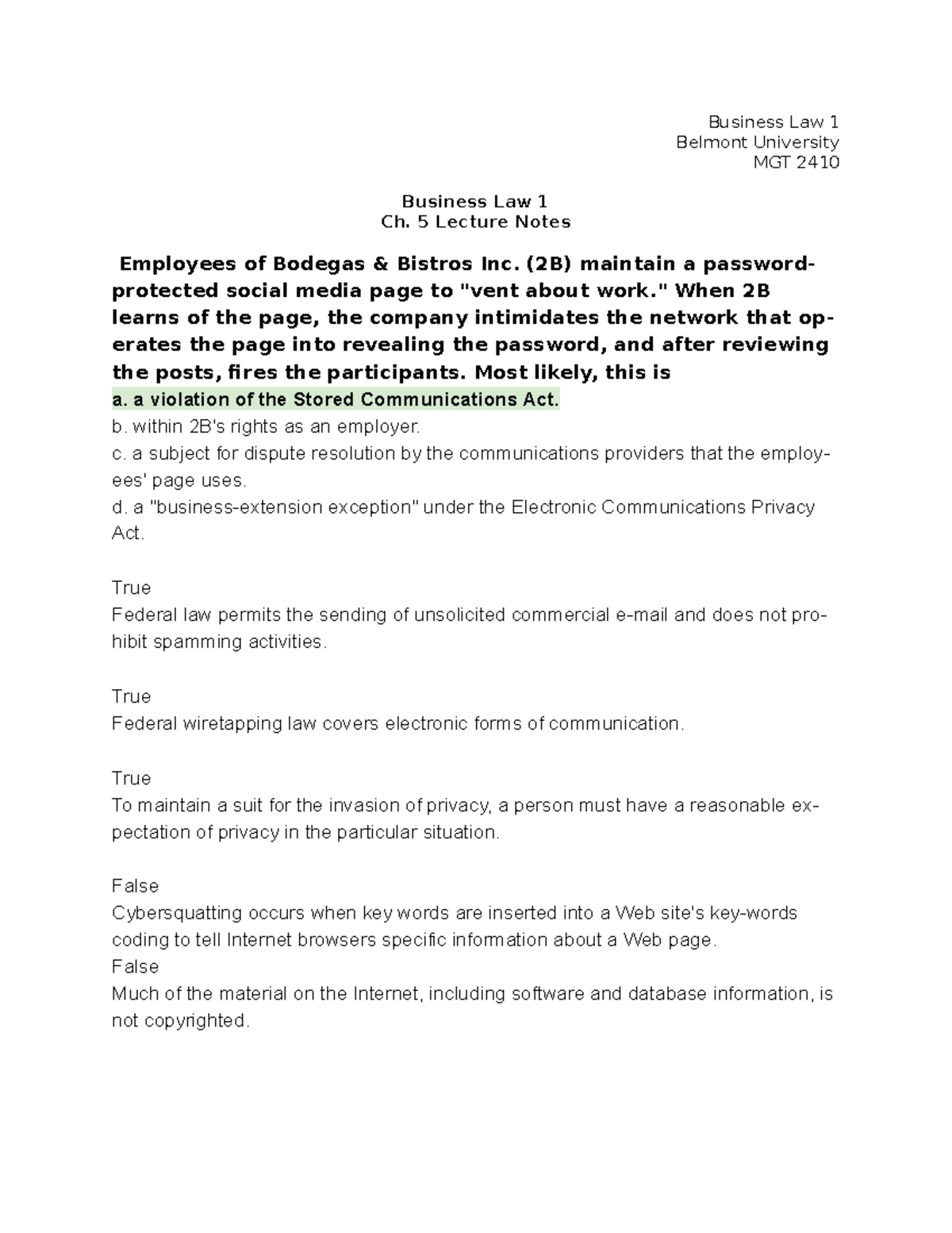 Business Law Ch. 5 Notes - Business Law 1 Belmont University MGT 2410 ...