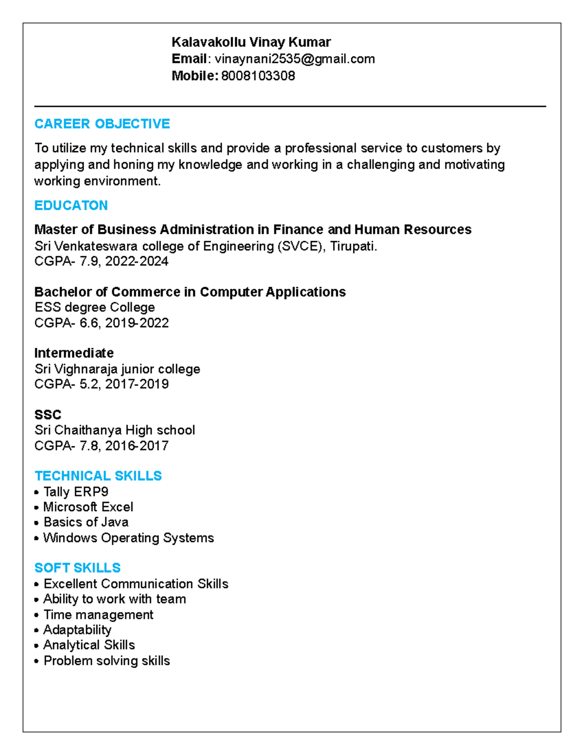 Pavan Resume - fbgkul - Kalavakollu Vinay Kumar Email: vinaynani2535 ...