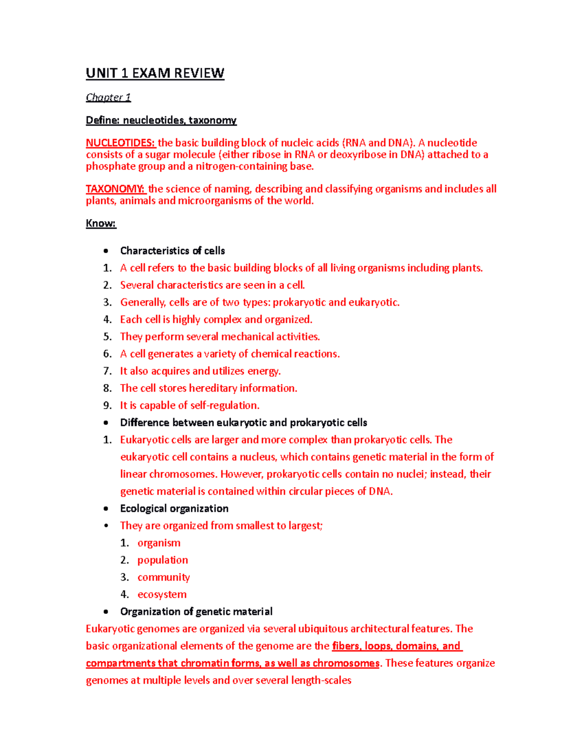 Unit 1 Exam Review - UNIT 1 EXAM REVIEW Chapter 1 Define: neucleotides ...