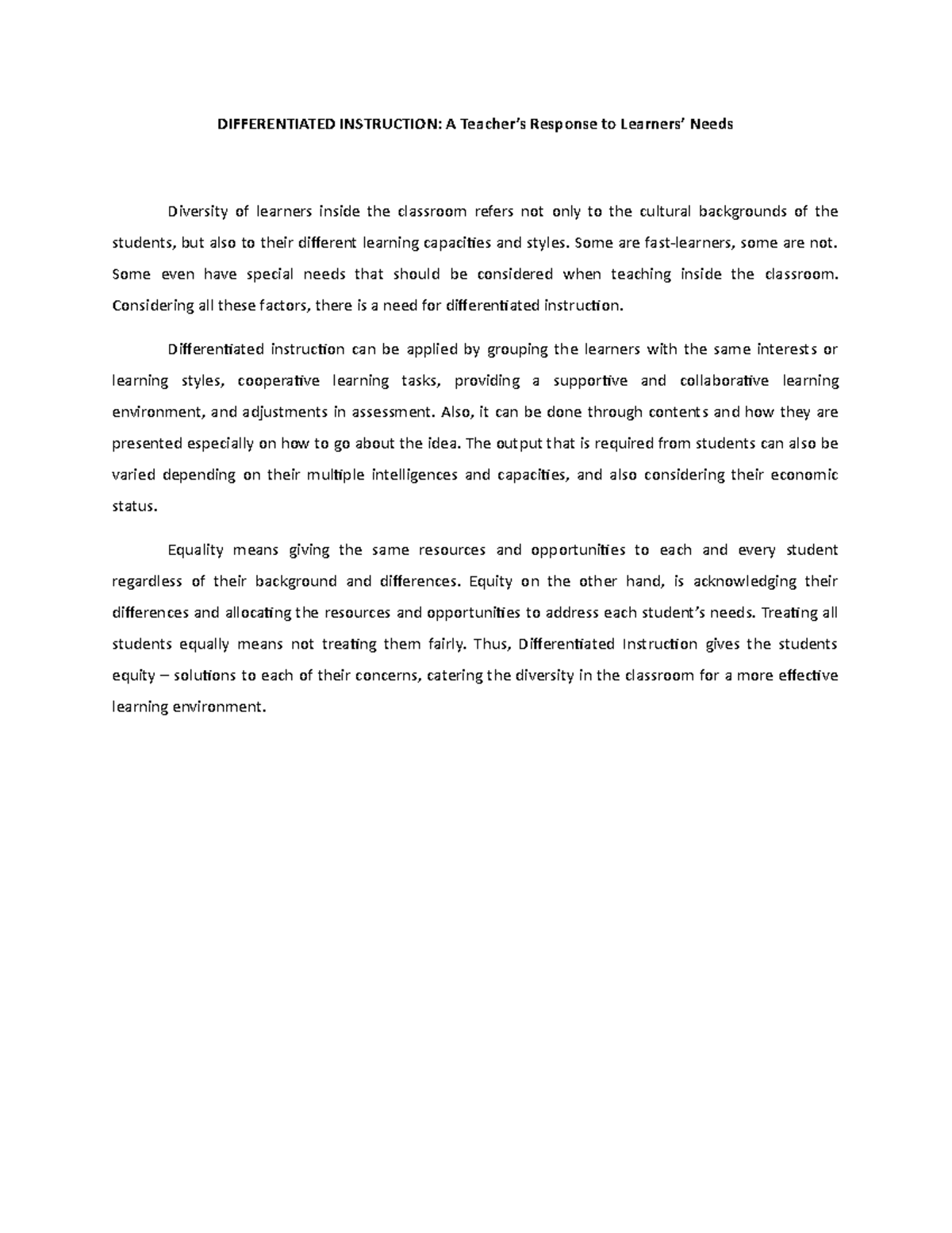 Differentiated Instruction - DIFFERENTIATED INSTRUCTION: A Teacher’s ...