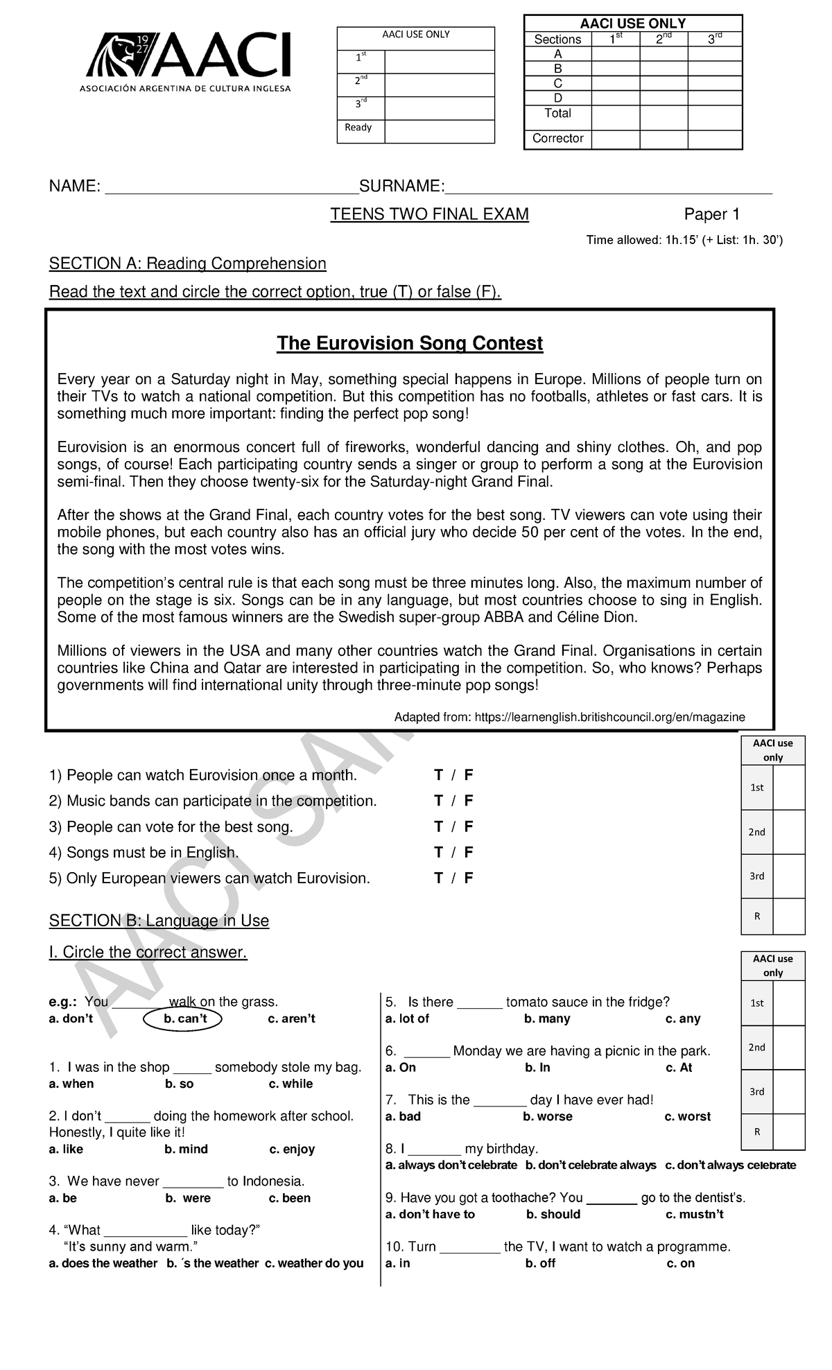 Teens 2 Final Examen - NAME: SURNAME:________ TEENS TWO FINAL EXAM ...
