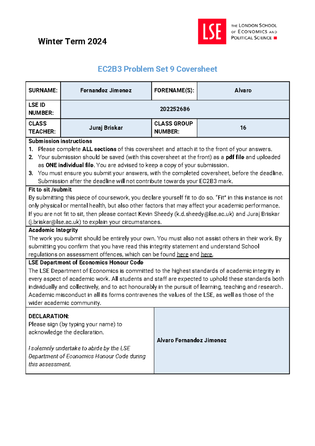 Problem Set 9 - Your submission should be saved (with this coversheet ...