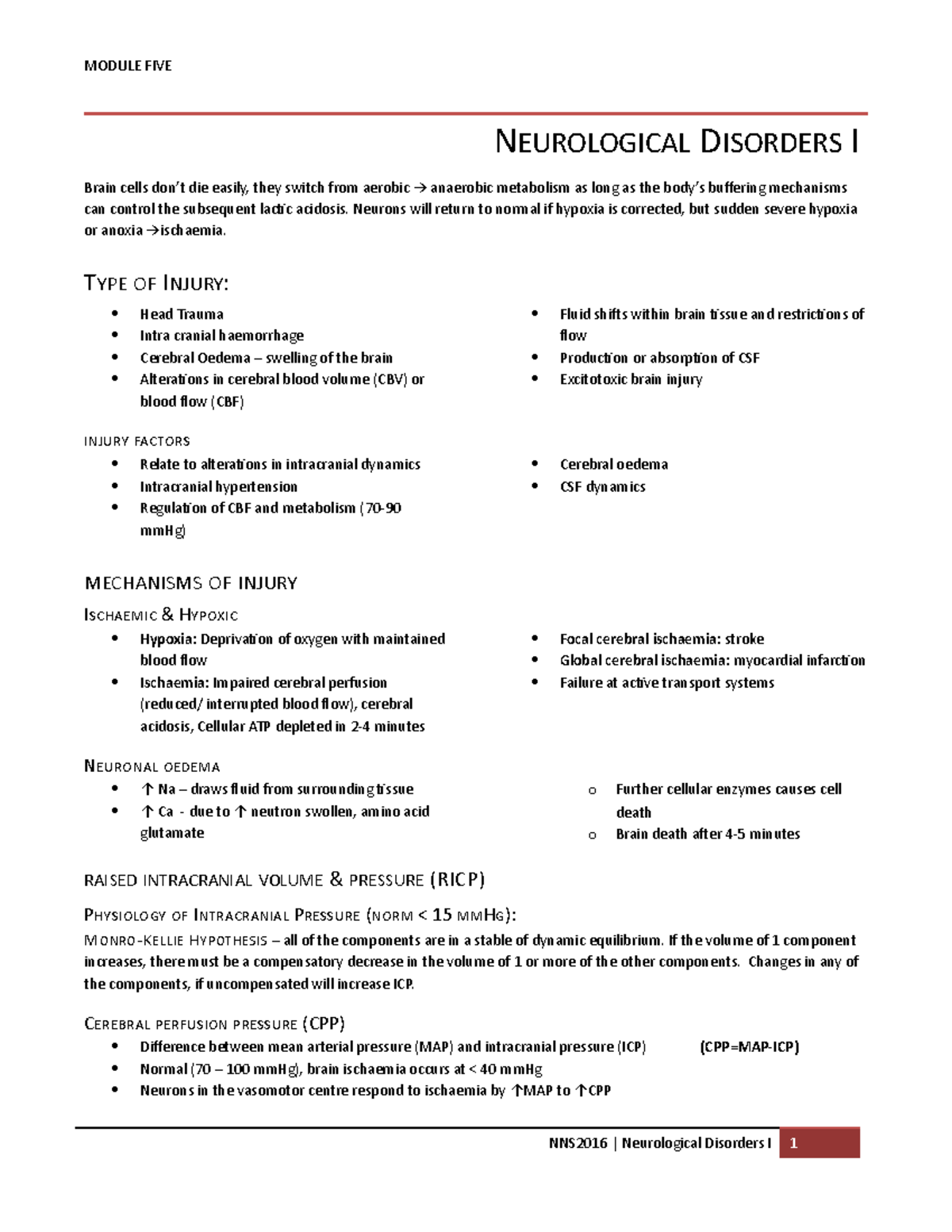 Lecture notes, Neuro 1, Additional Study Notes - NEUROLOGICAL DISORDERS ...