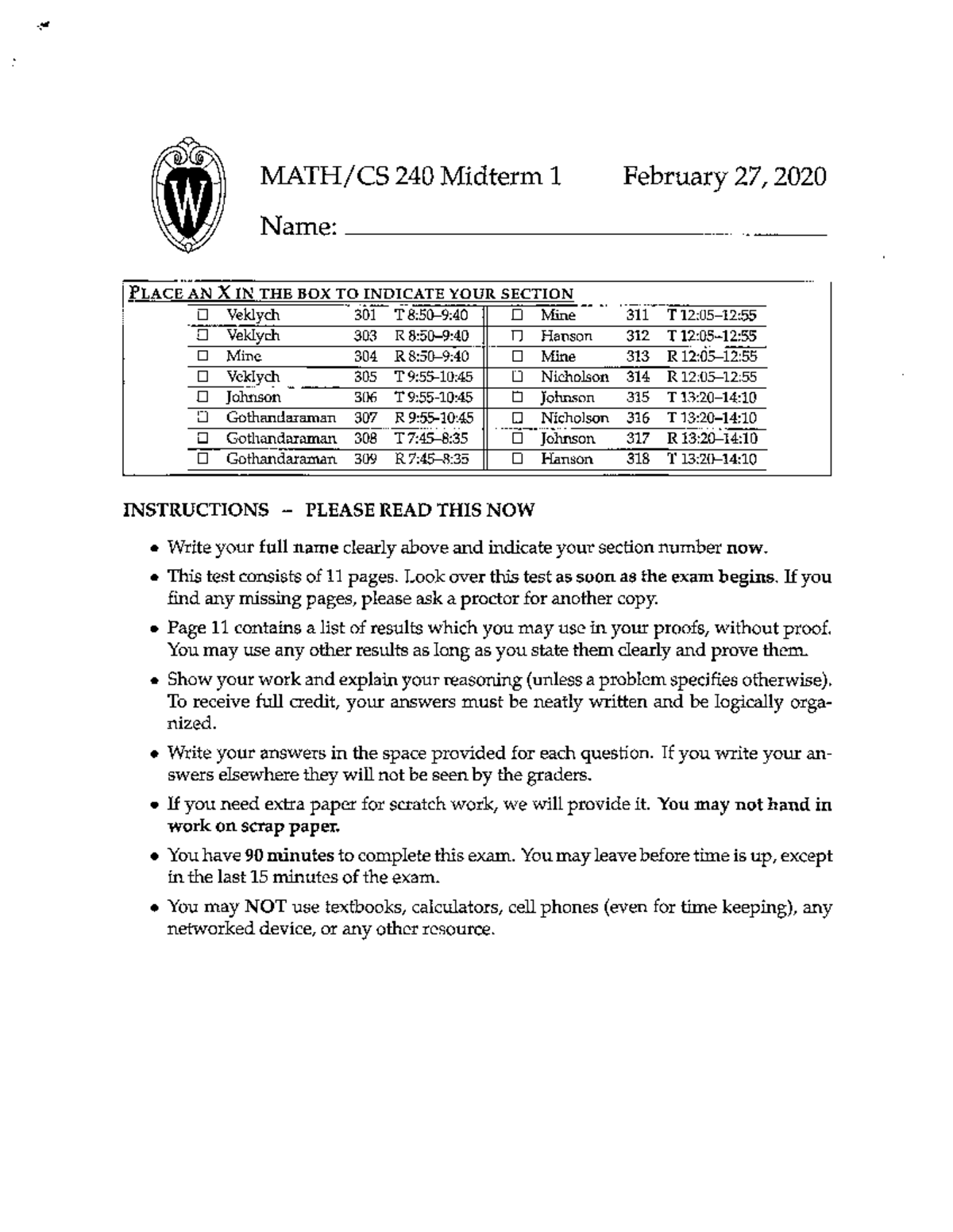2020 Math CS 240 - Unknown - Spring Midterm 1 - 240 Midterm 1 February 27, 2020 W Name: PLACE AN ...