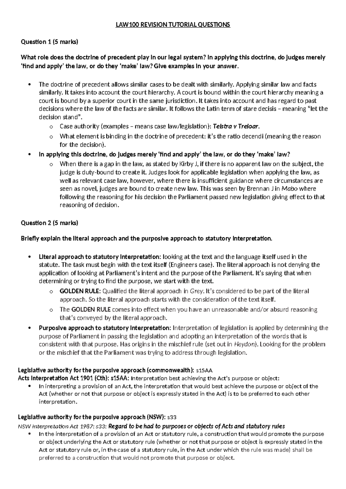 Exam Revision Questions - Tutorial 1 - LAW100 REVISION TUTORIAL QUESTIONS Question 1 (5 marks ...