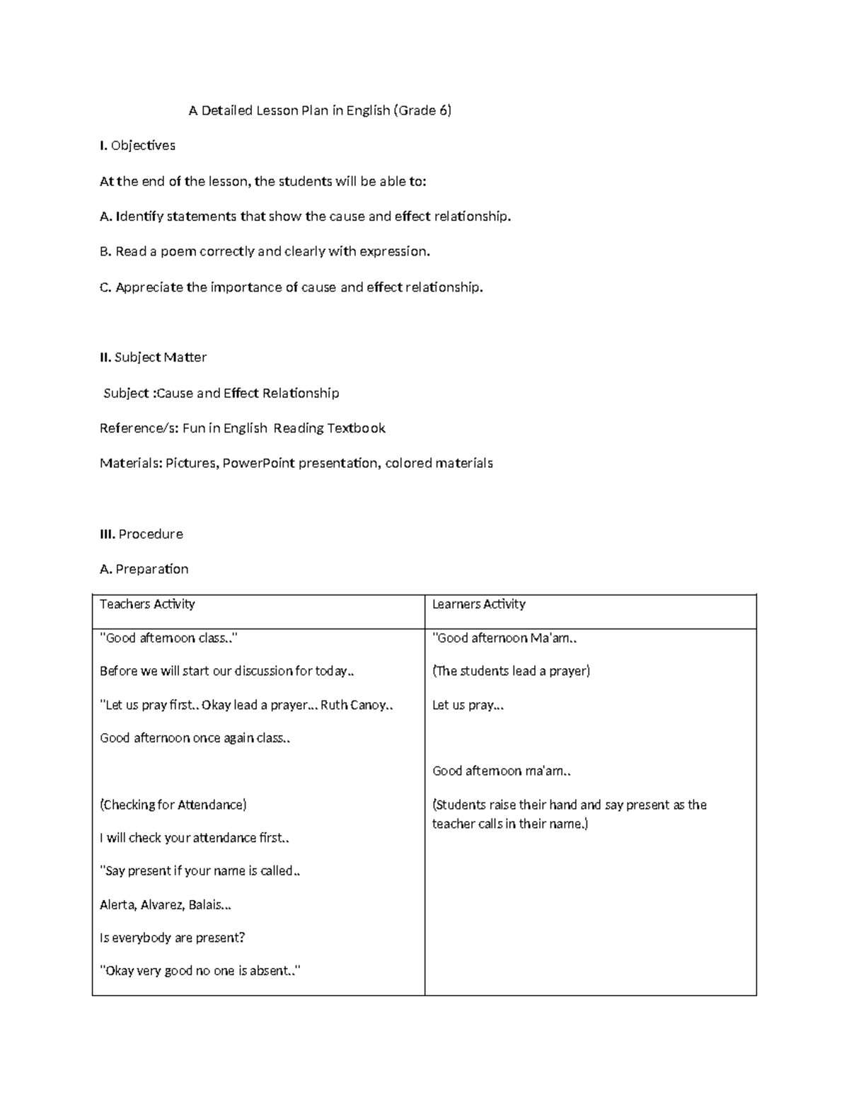 A Detailed Lesson Plan Sir Larry - A Detailed Lesson Plan in English ...