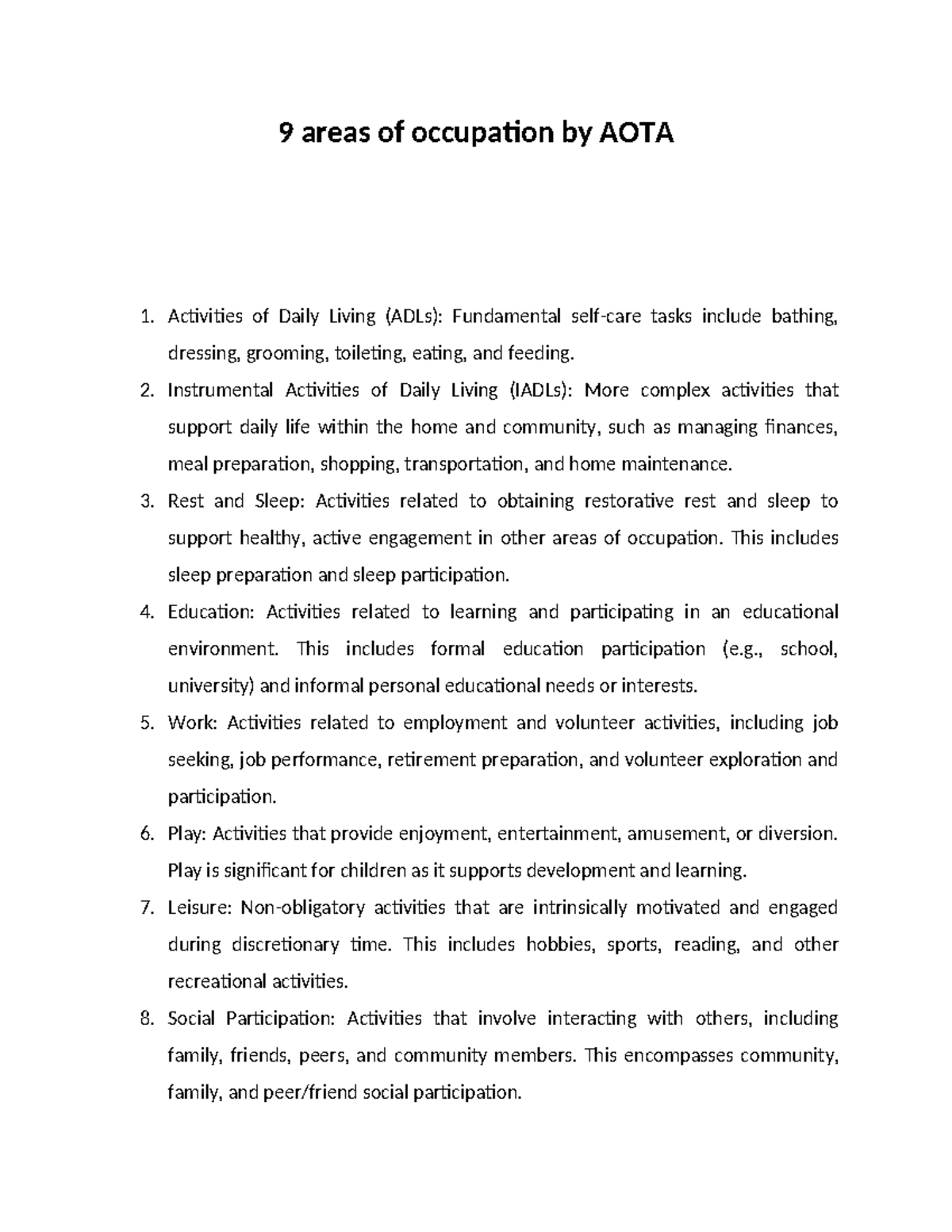 9 areas of occupation by AOTA - Activities of Daily Living (ADLs ...