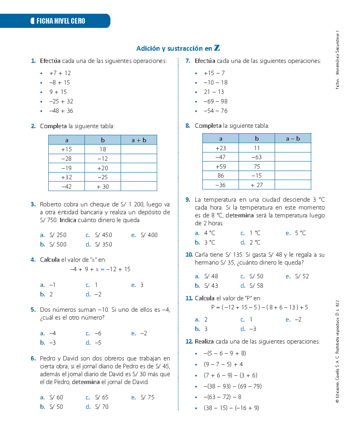 F0 Adición y sustracción en Z - FICHA NIVEL CERO Fichas - Matemática Secundaria I © Ediciones ...