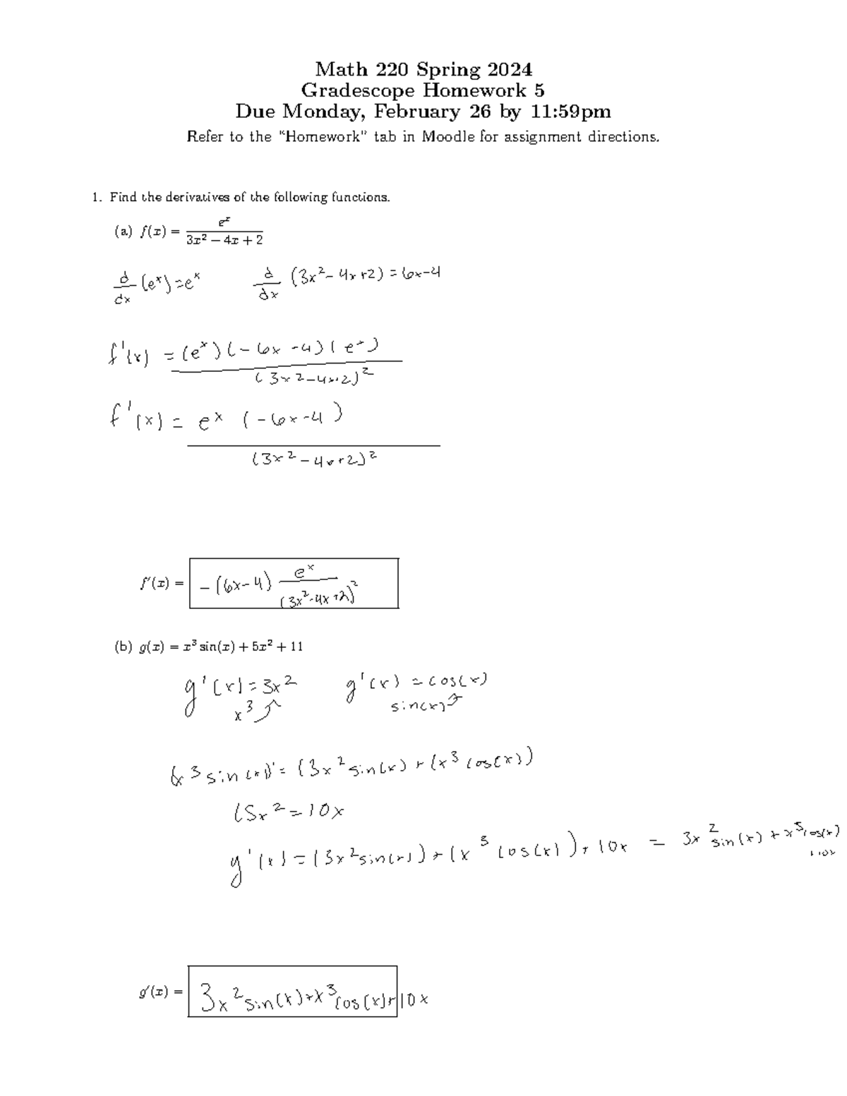 Math 220 Homework 5 Math 220 Spring 2024 Gradescope Homework 5 Due Monday February 26 By 11