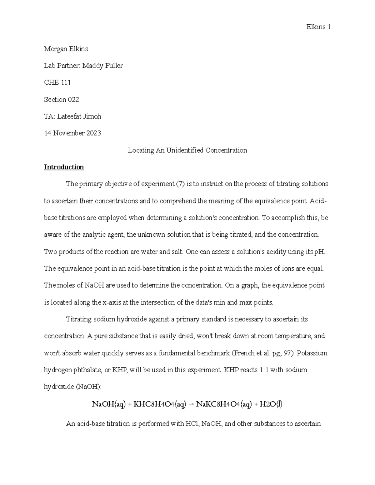 7 Elkins Morgan - Chemistry lab - Morgan Elkins Lab Partner: Maddy ...