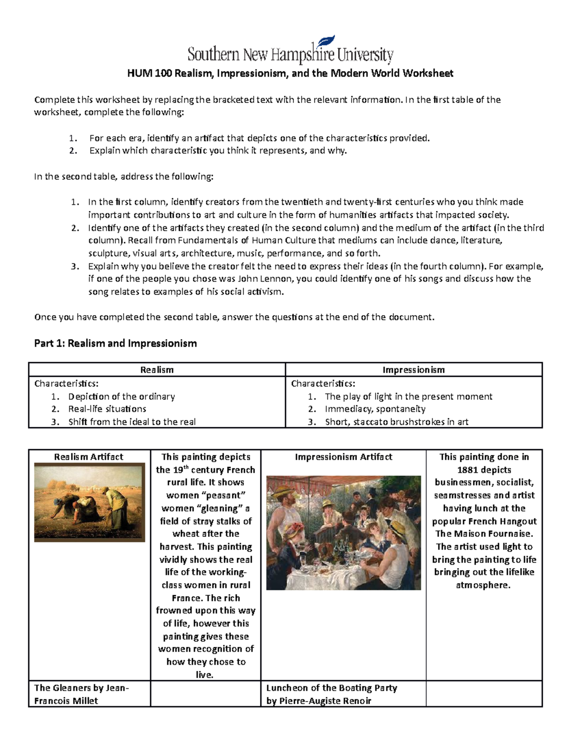 HUM 100 Realism Impressionism and the Modern World Worksheet - HUM 100 ...