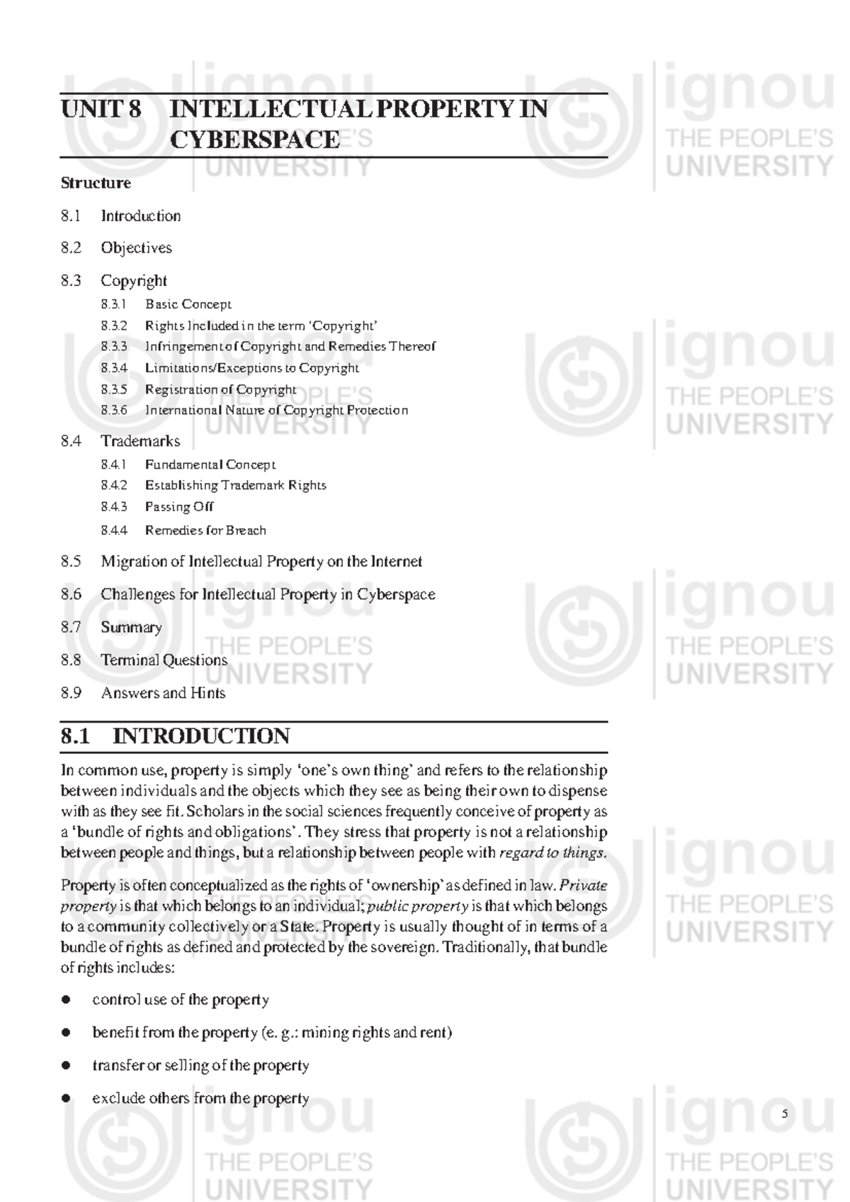 Unit 5 cyberlaw - Ghjkk - 5 UNIT 8 INTELLECTUAL PROPERTY IN CYBERSPACE Structure 8 Introduction ...