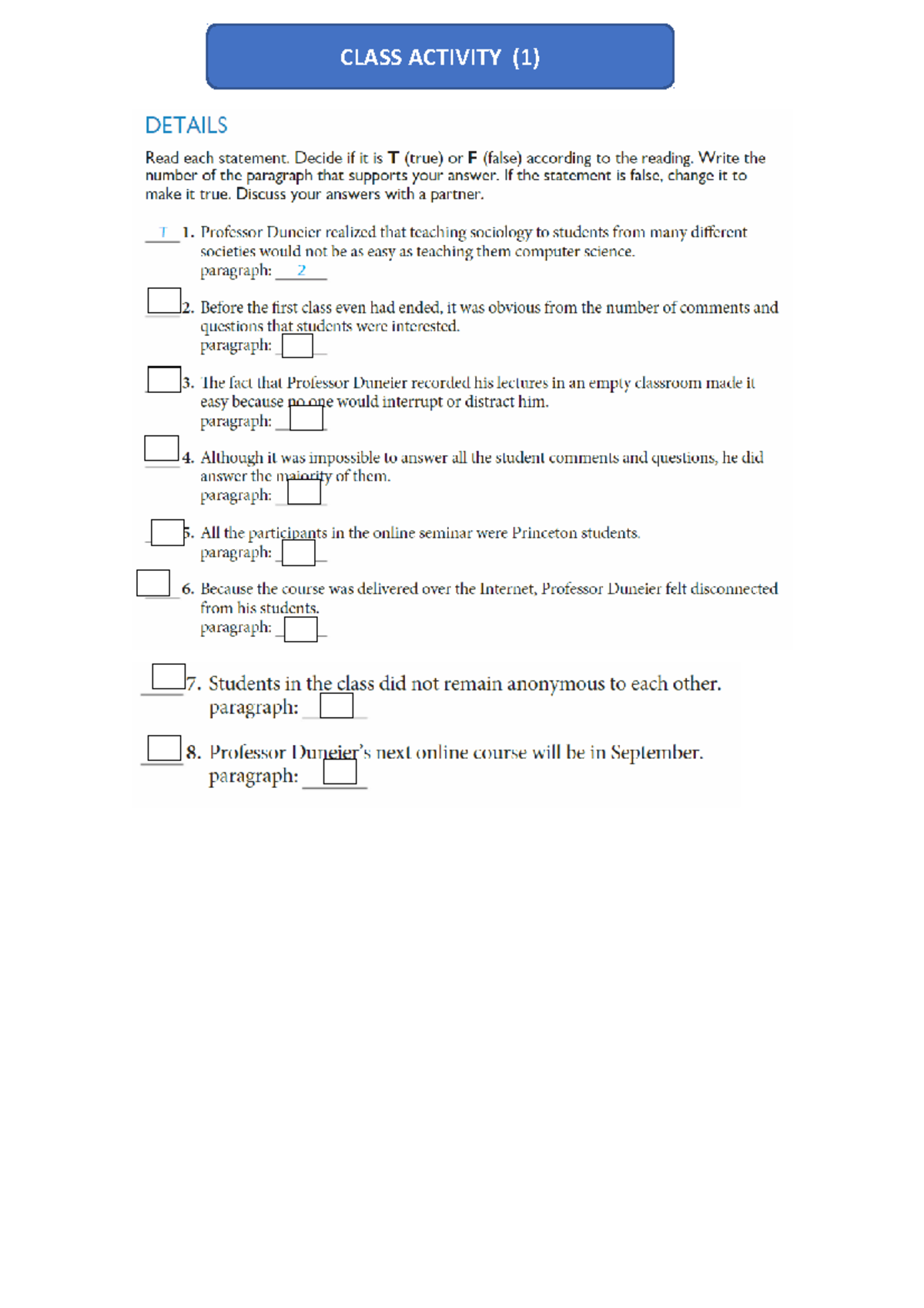Class Activity - About an entrance exam - Ingles I - CLASS ACTIVITY (1 ...