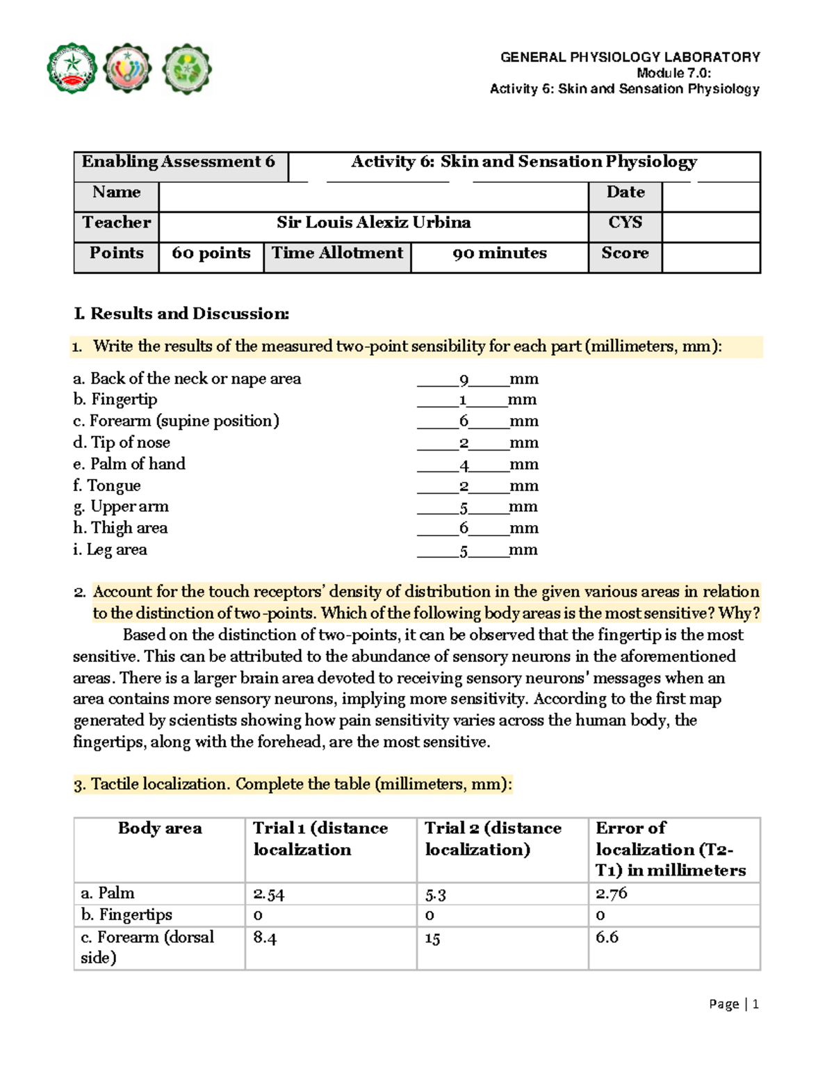 Skin and Sensation Full Laboratory Report - Module 7: Activity 6: Skin ...