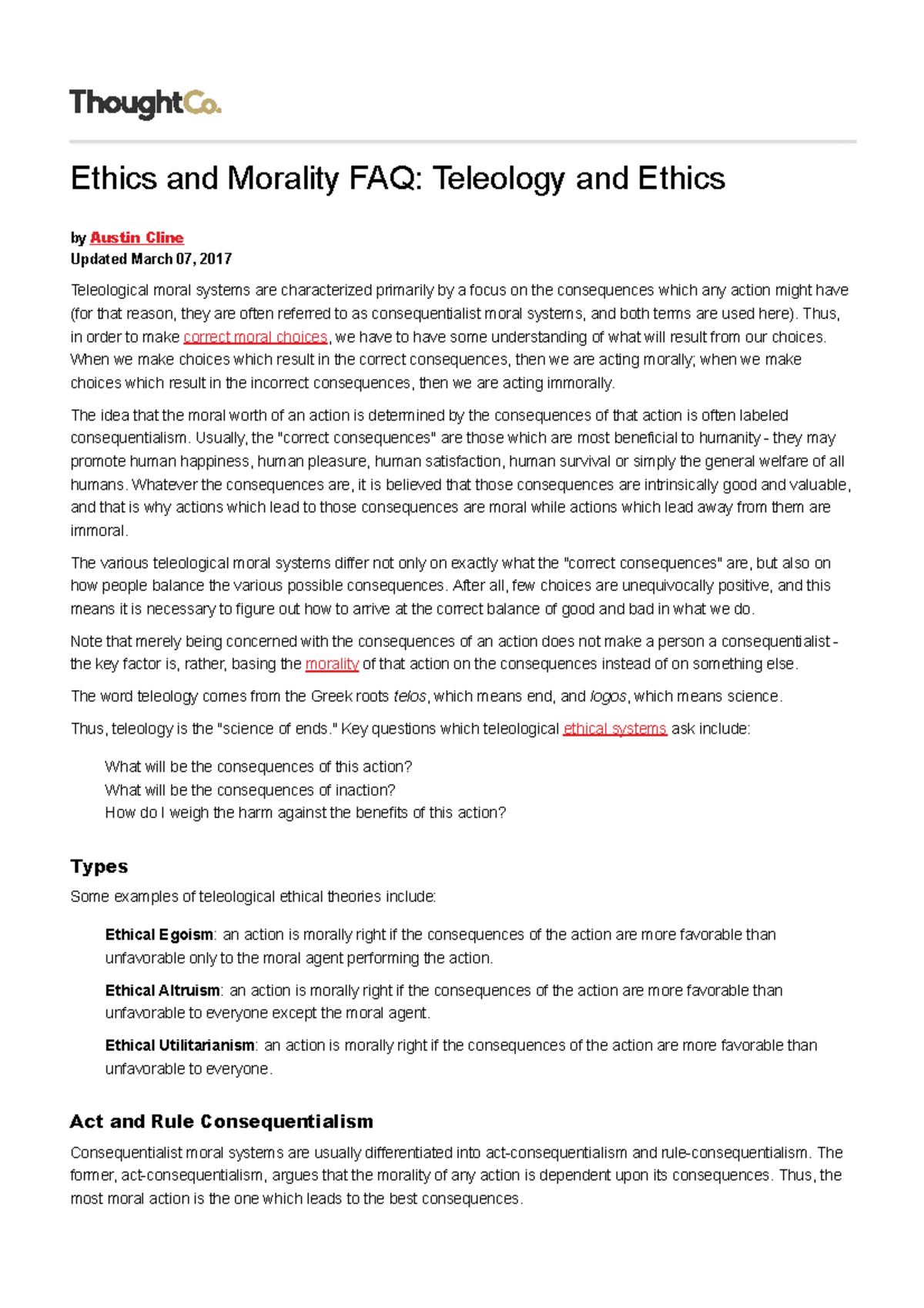 Ethics and Morality FAQ - Teleology and Ethics - Ethics and Morality FAQ: Teleology and Ethics ...