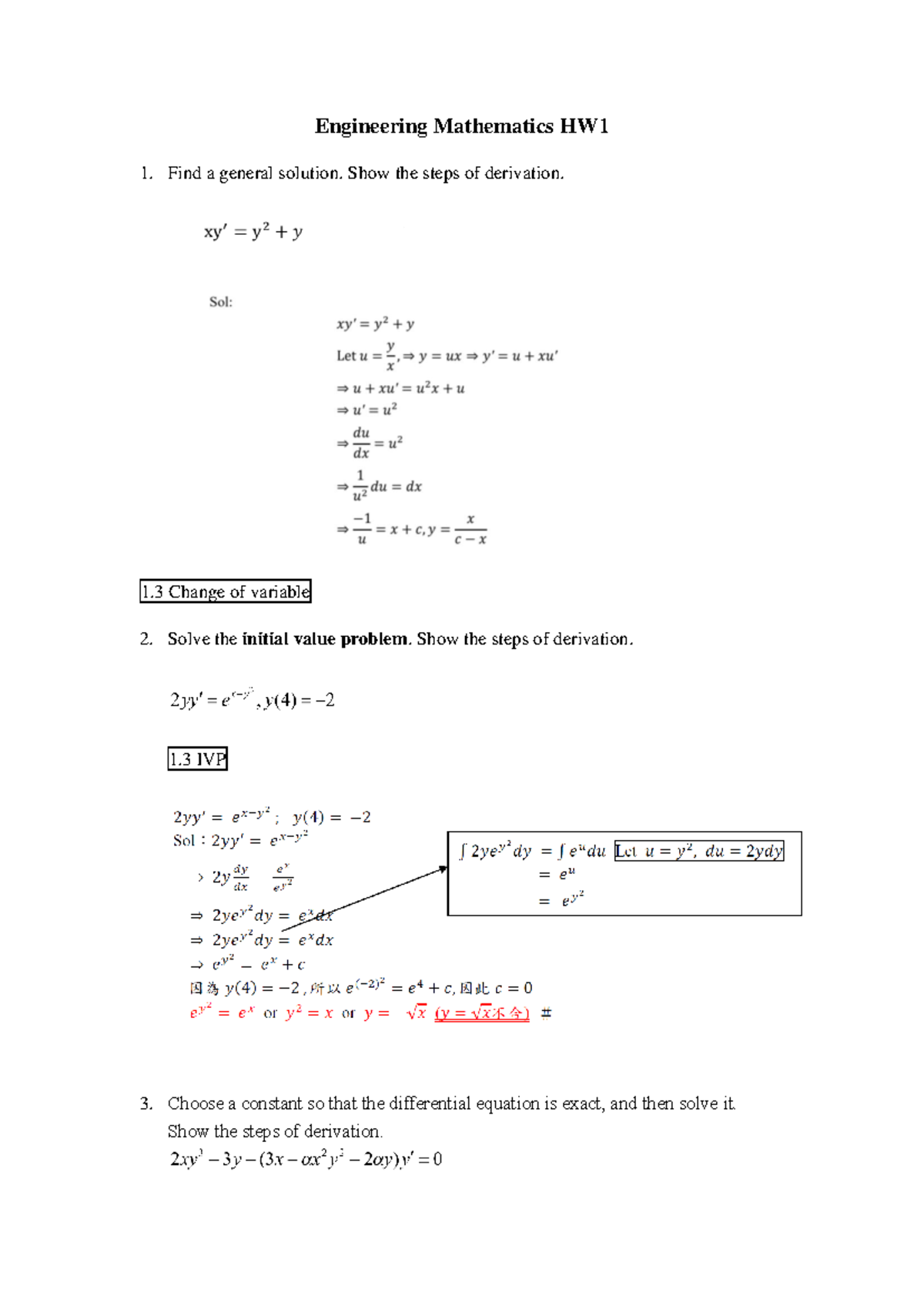 Hw1 ans - Dis - electirc circuits - Engineering Mathematics HW Find a general solution. Show the ...