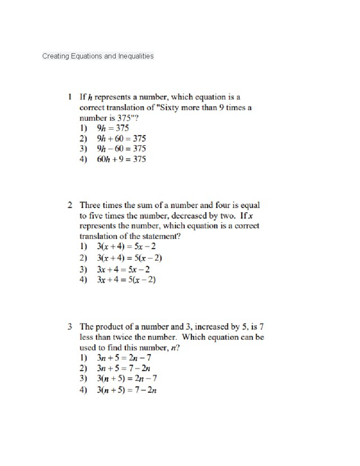 Creating Equations and Inequalities - Studocu