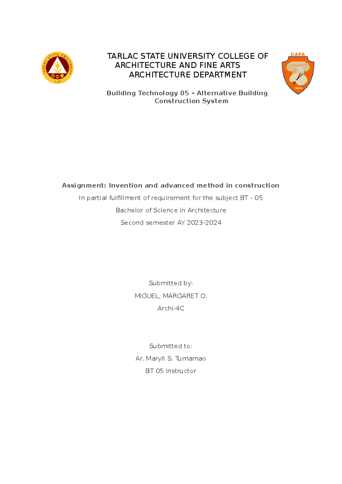 BT Assignment Invention and advanced method in construction - TARLAC ...