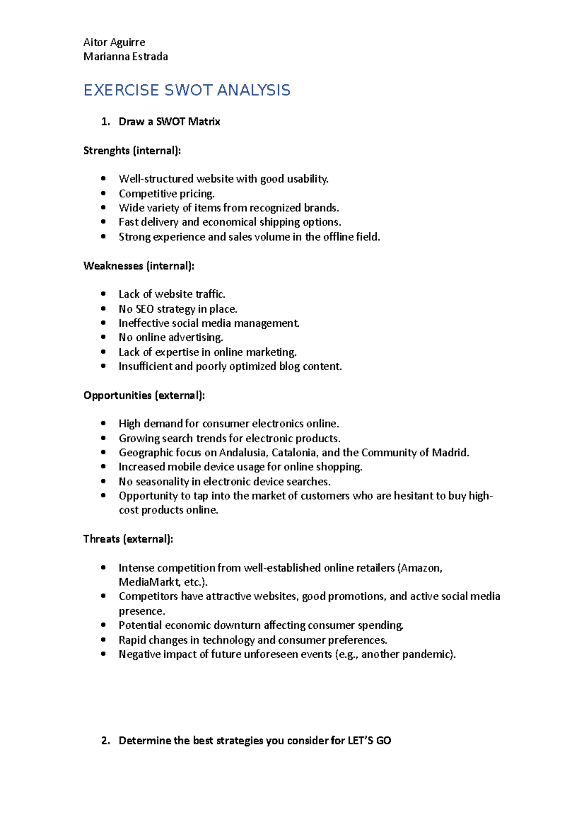 Exercise SWOT Analysis - Aitor Aguirre Marianna Estrada EXERCISE SWOT ...