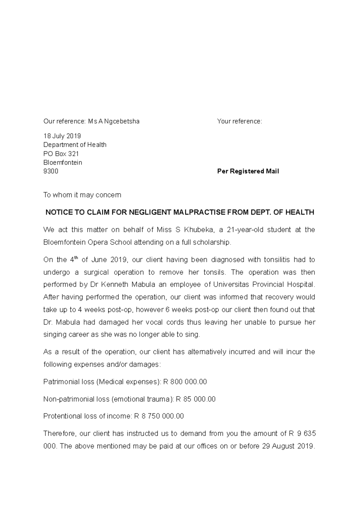 Lprac Assignment 1 assigned letter of demand - Our reference: Ms A ...