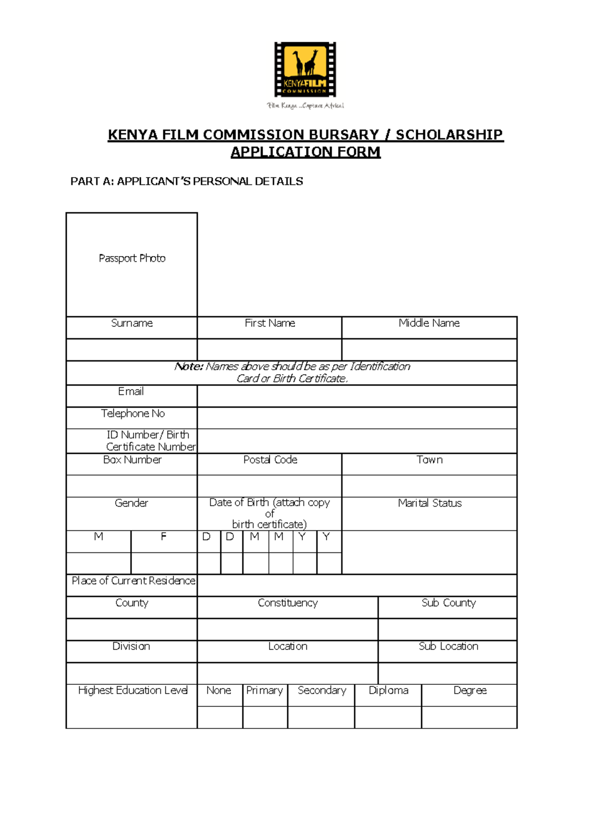 Apllication FORM Bursaries and Scholarships - KENYA FILM COMMISSION ...