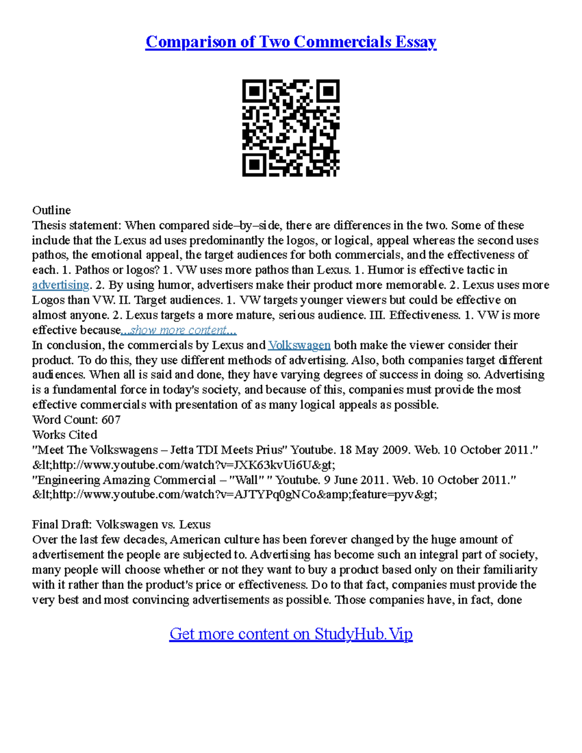 Comparative Essays - Comparison of Two Commercials Essay Outline Thesis ...