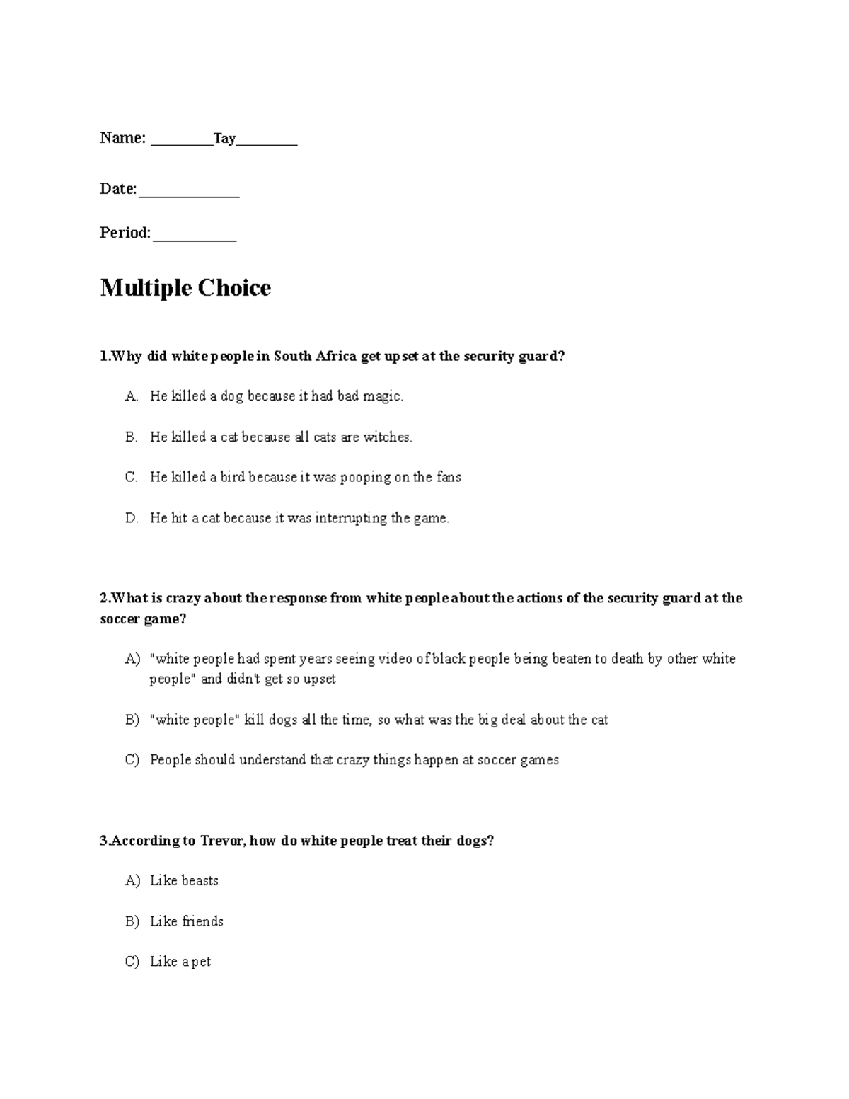 Fake quiz && answer key - Name: Tay Date:____________ Period ...