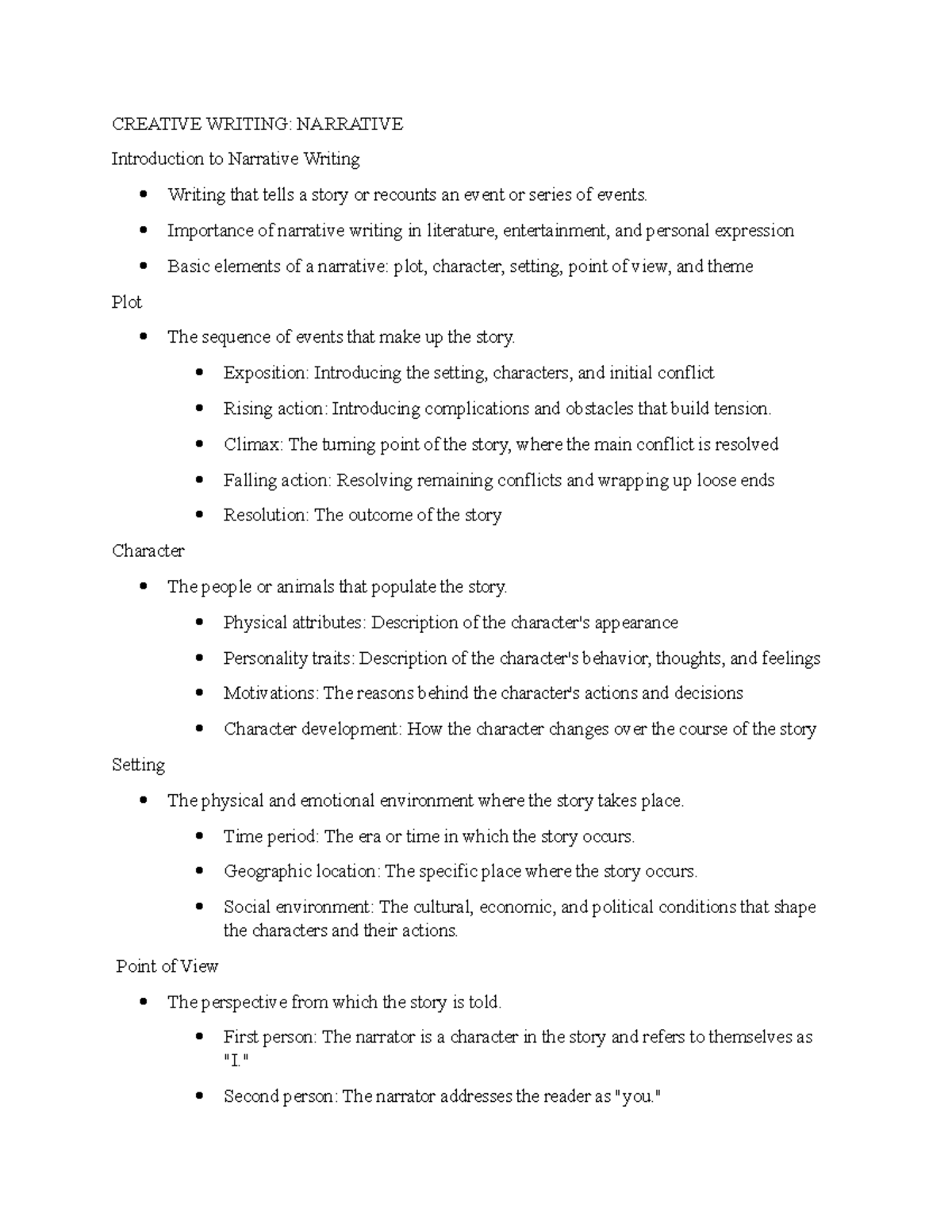 Creative Writing Notes 1 - CREATIVE WRITING: NARRATIVE Introduction to ...