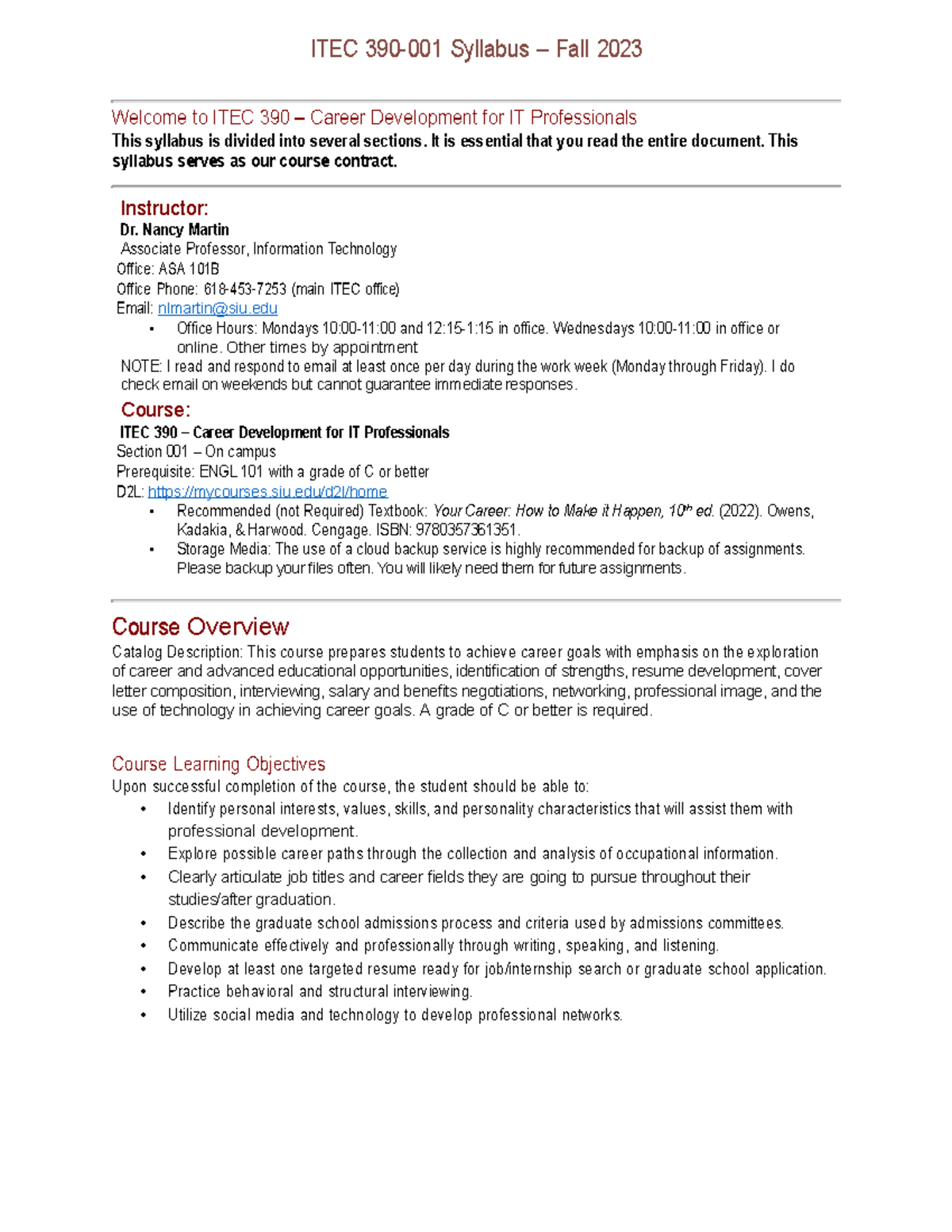 ITEC 390-001 Syllabus FA23 - ITEC 390-001 Syllabus – Fall 2023 Welcome ...