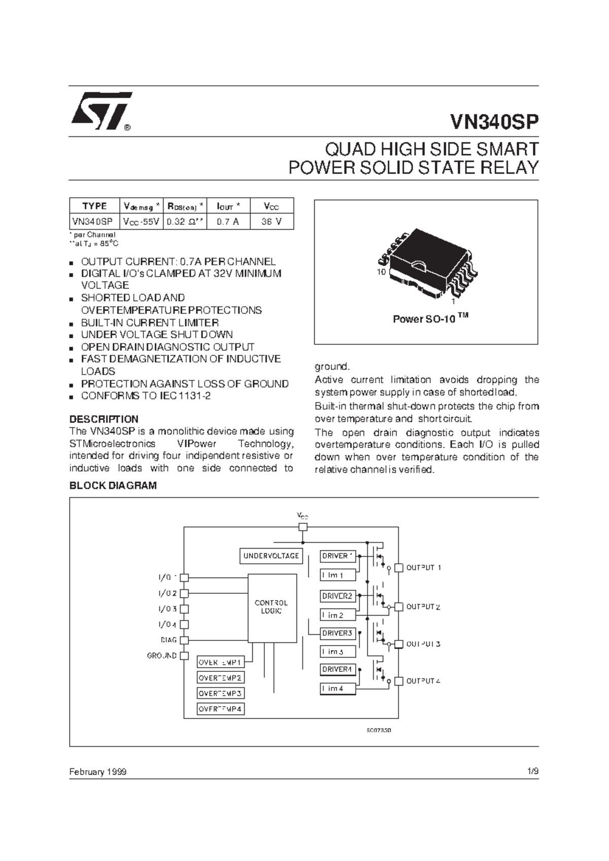 VN340SP - 000 - QUAD HIGH SIDE SMART POWER SOLID STATE RELAY February 1999 1 10 ####### Power ...