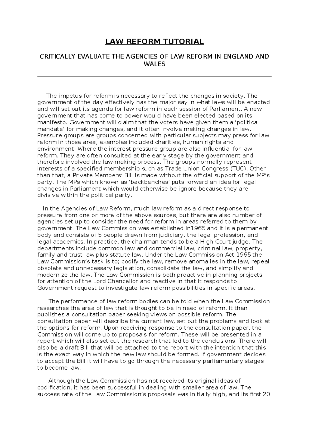 LAW Reform Tutorial - a level - LAW REFORM TUTORIAL CRITICALLY EVALUATE ...