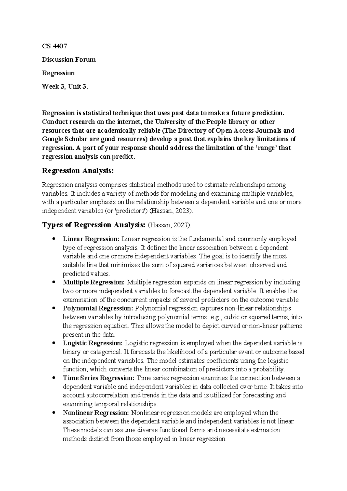 CS 4407 Discussion Forum Unit 3 - CS 4407 Discussion Forum Regression Week 3, Unit 3. Regression ...