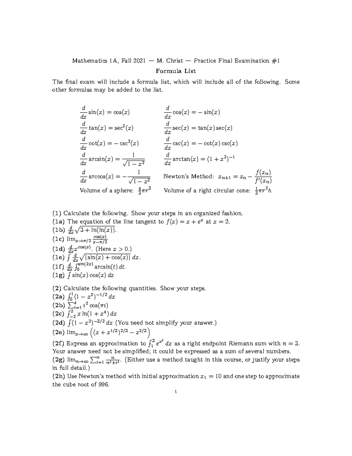 Practicefinal 1 - ...... - Mathematics 1A, Fall 2021 — M. Christ ...